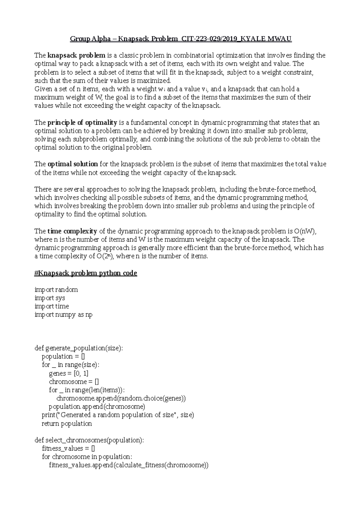 Alpha LAB7 - DAA - Group Alpha – Knapsack Problem CIT-223-029/2019_KYALE MWAU The knapsack ...
