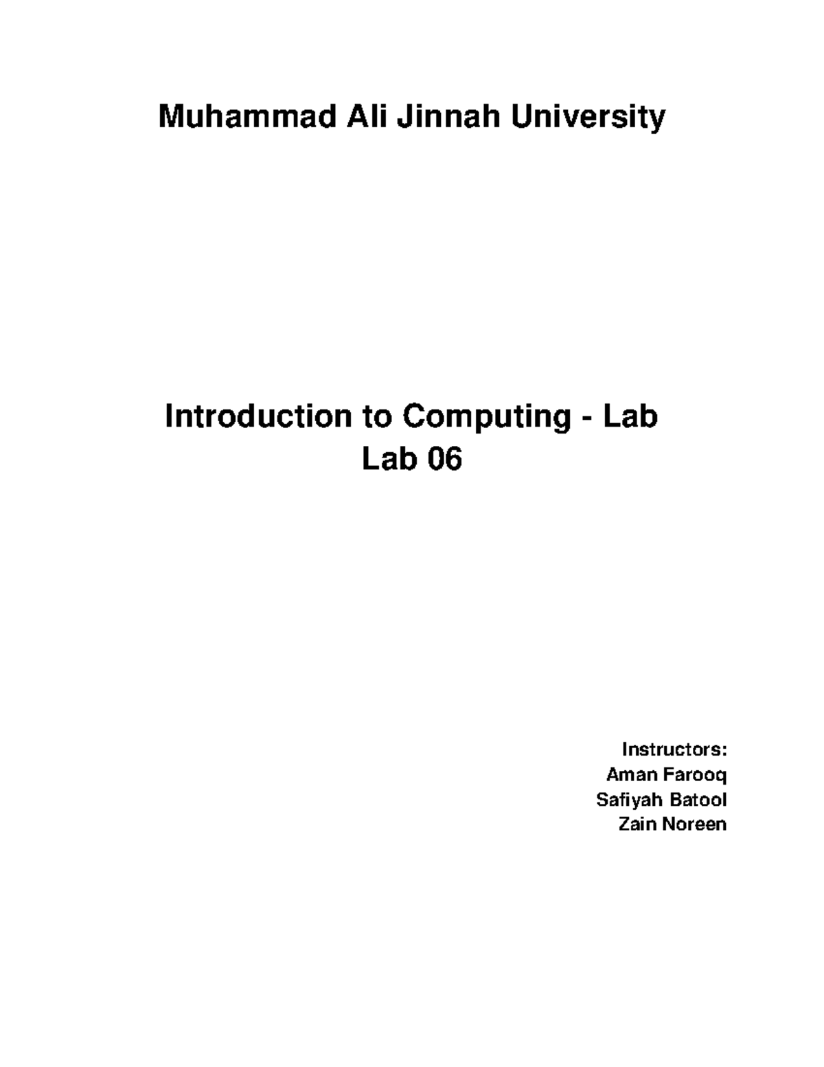 Java Script - Muhammad Ali Jinnah University Introduction to Computing - Lab Lab 06 Instructors ...
