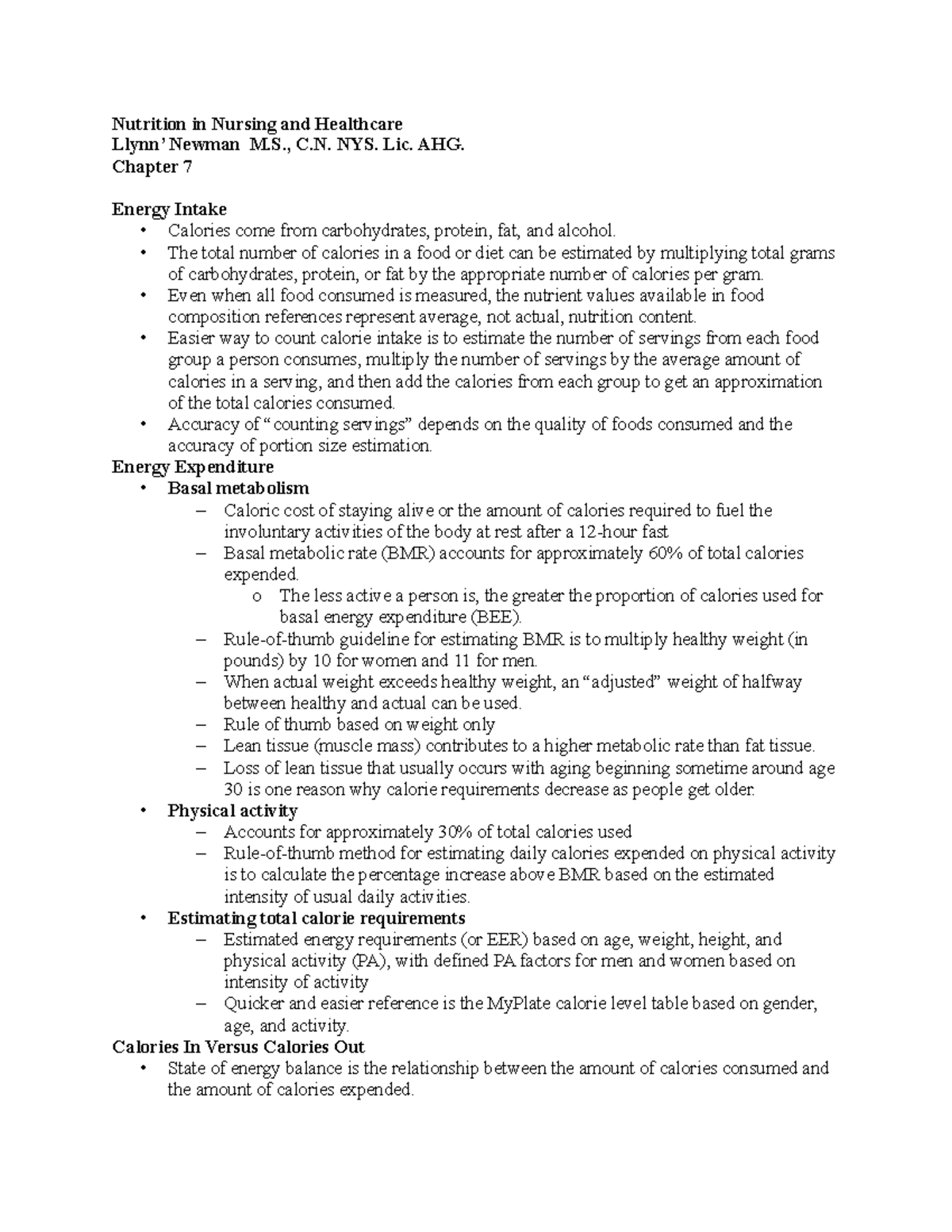 Energy Balance Chp. 7 - Nutrition in Nursing and Healthcare Llynn ...