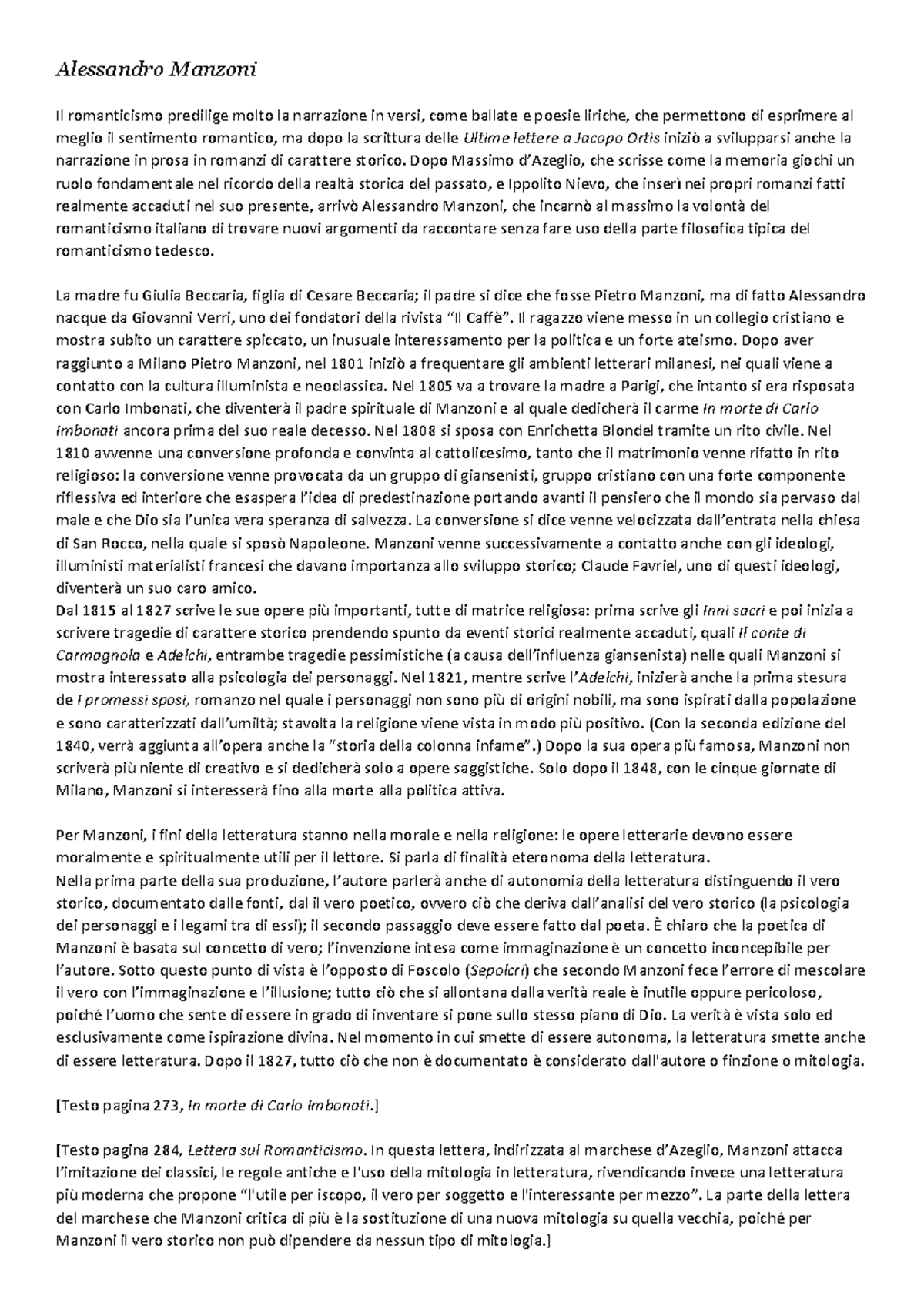 riassunto sulla vita e le opere di alessandro manzoni - Alessandro ...