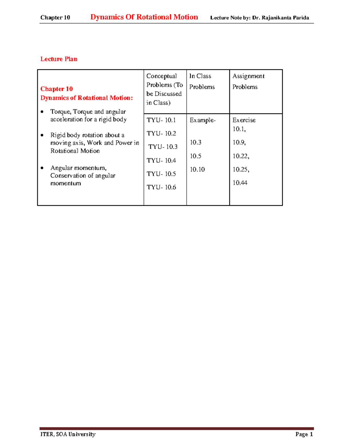 Chapter 10 Dynamics Of Rotational Motion R - Lecture Plan Chapter 10 ...