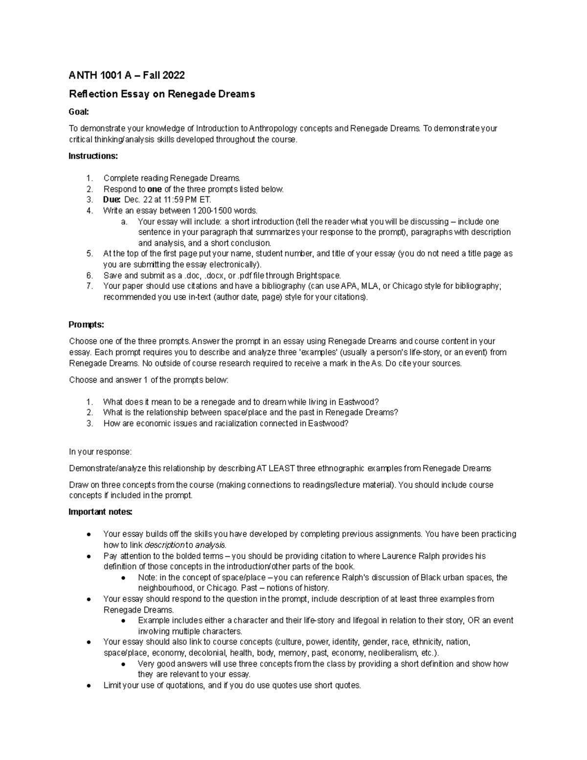 ANTH 1001 A – Fall 2022 - course work - ANTH 1001 A – Fall 2022 Reflection Essay on Renegade ...