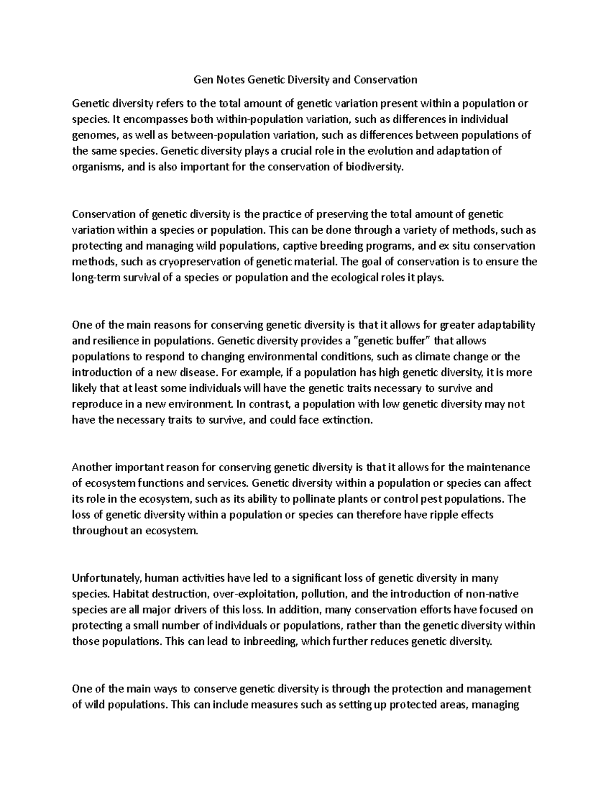 Gen Notes Genetic Diversity and Conservation - It encompasses both ...