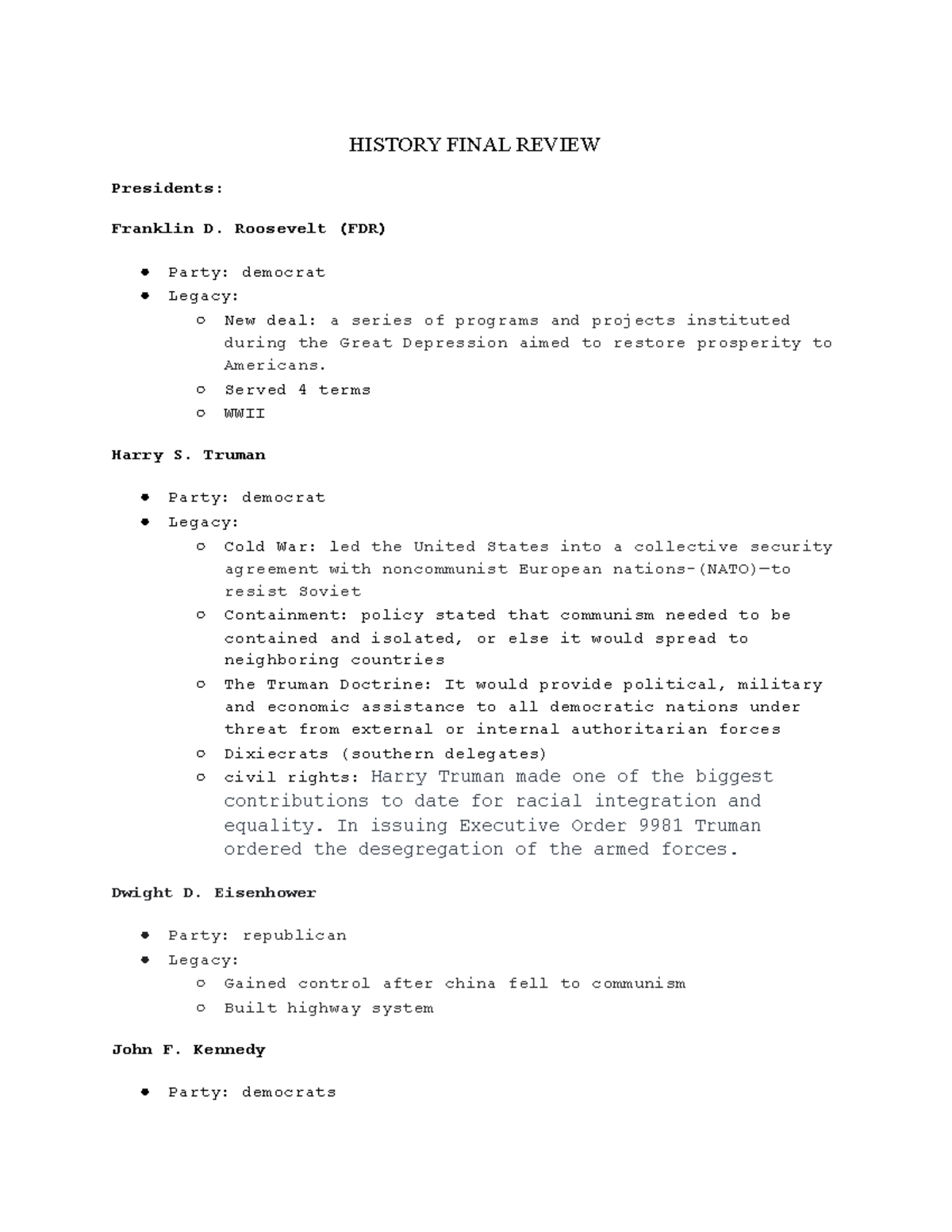 History Final Review - HISTORY FINAL REVIEW Presidents: Franklin D ...
