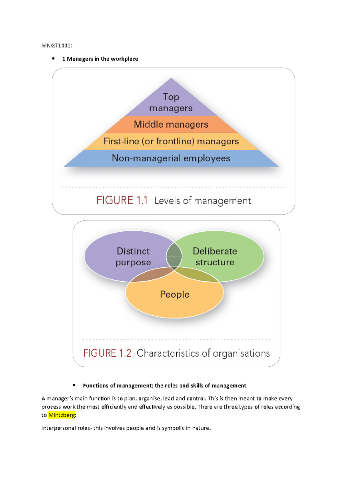 Exam study - MNGT1001: 1 Managers in the workplace Functions of ...