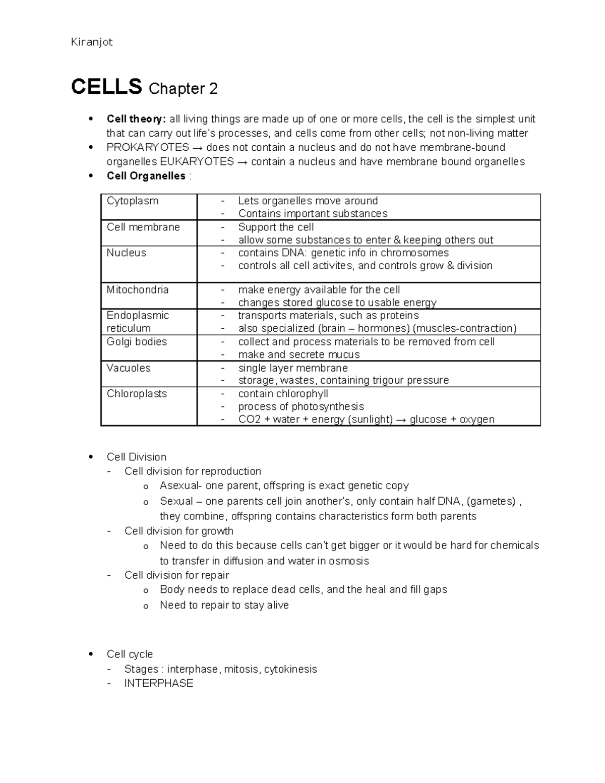 123069402 Grade 10 Biology Notes - CELLS Chapter 2 Cell theory: all ...