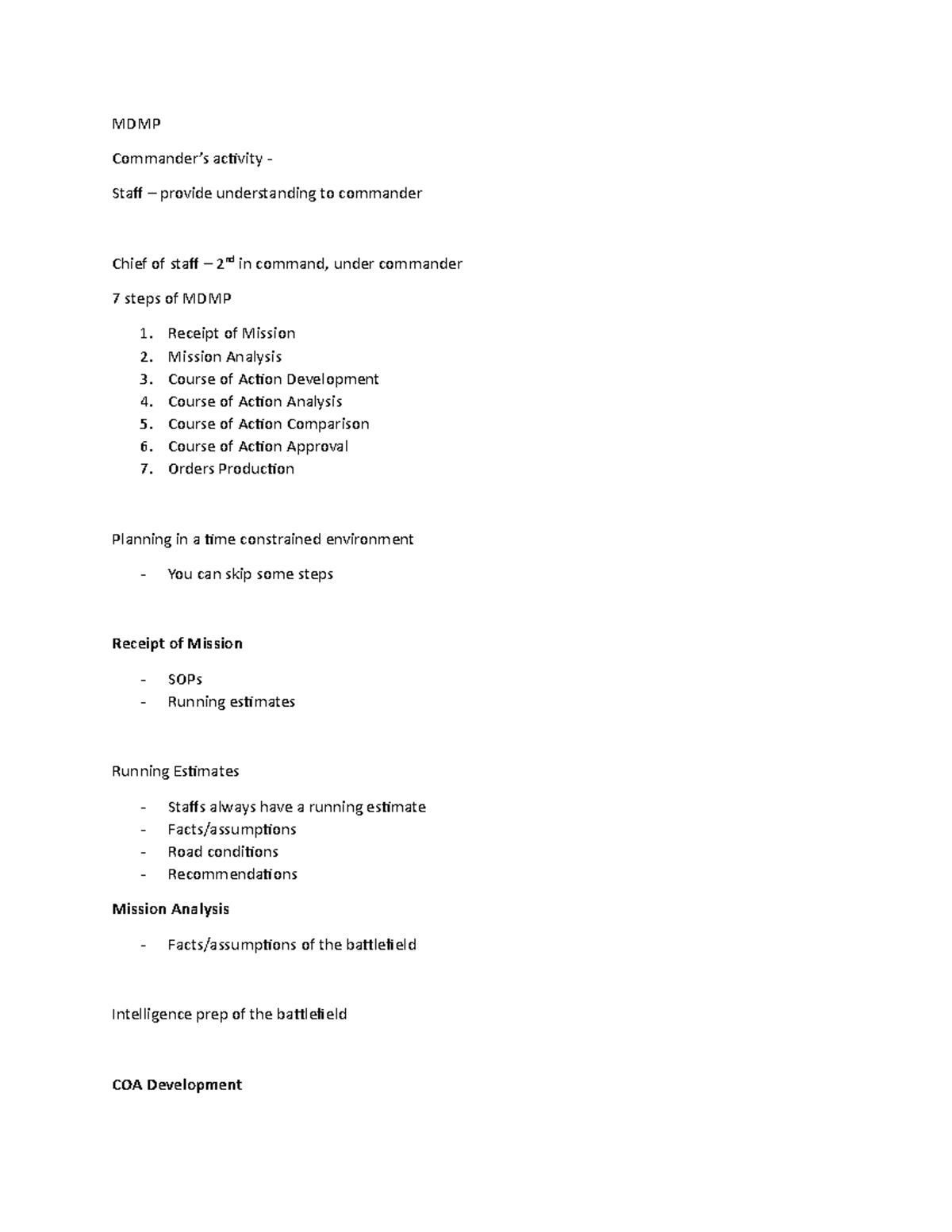 Army Notes - MDMP Commander’s activity - Staff – provide understanding ...