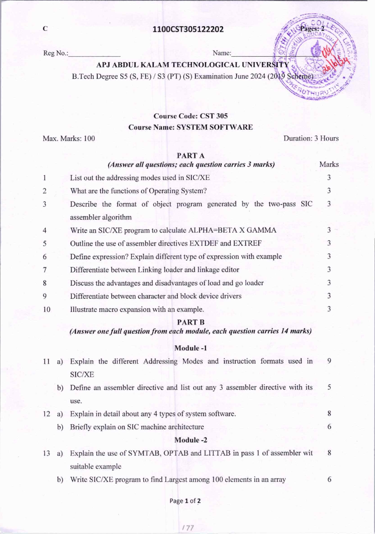 CST305 System Software, JUNE 2024 - COL C Pages: 2 EDUCATION LEGE Reg No.: Name: APJ ABDUL KALAM ...