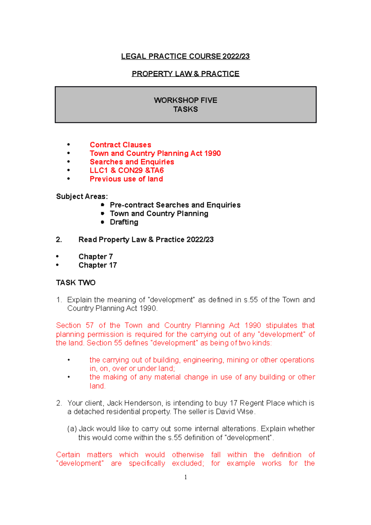Workshop 5 Notes - LEGAL PRACTICE COURSE 2022/ PROPERTY LAW & PRACTICE ...