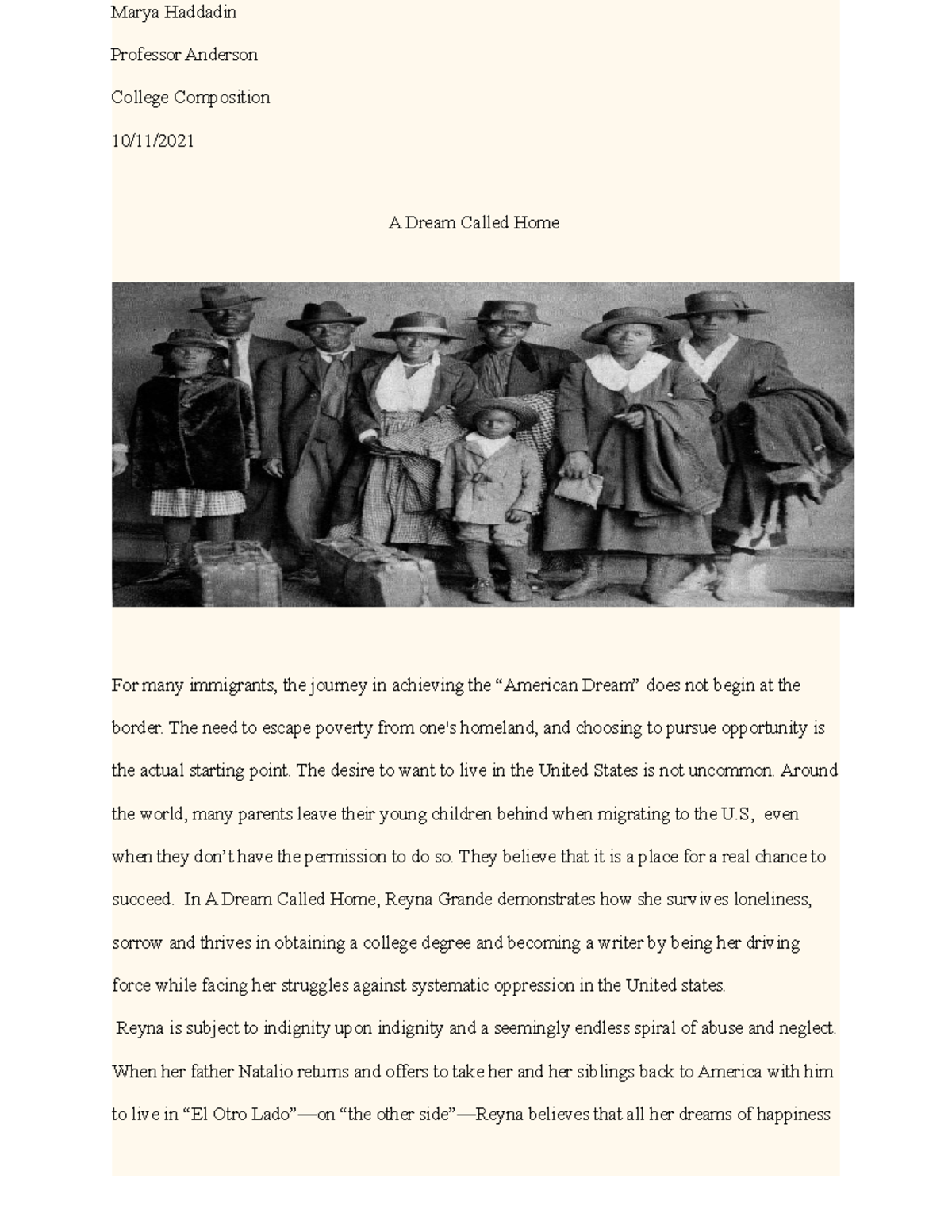 A dream called home essay -3 - Marya Haddadin Professor Anderson ...