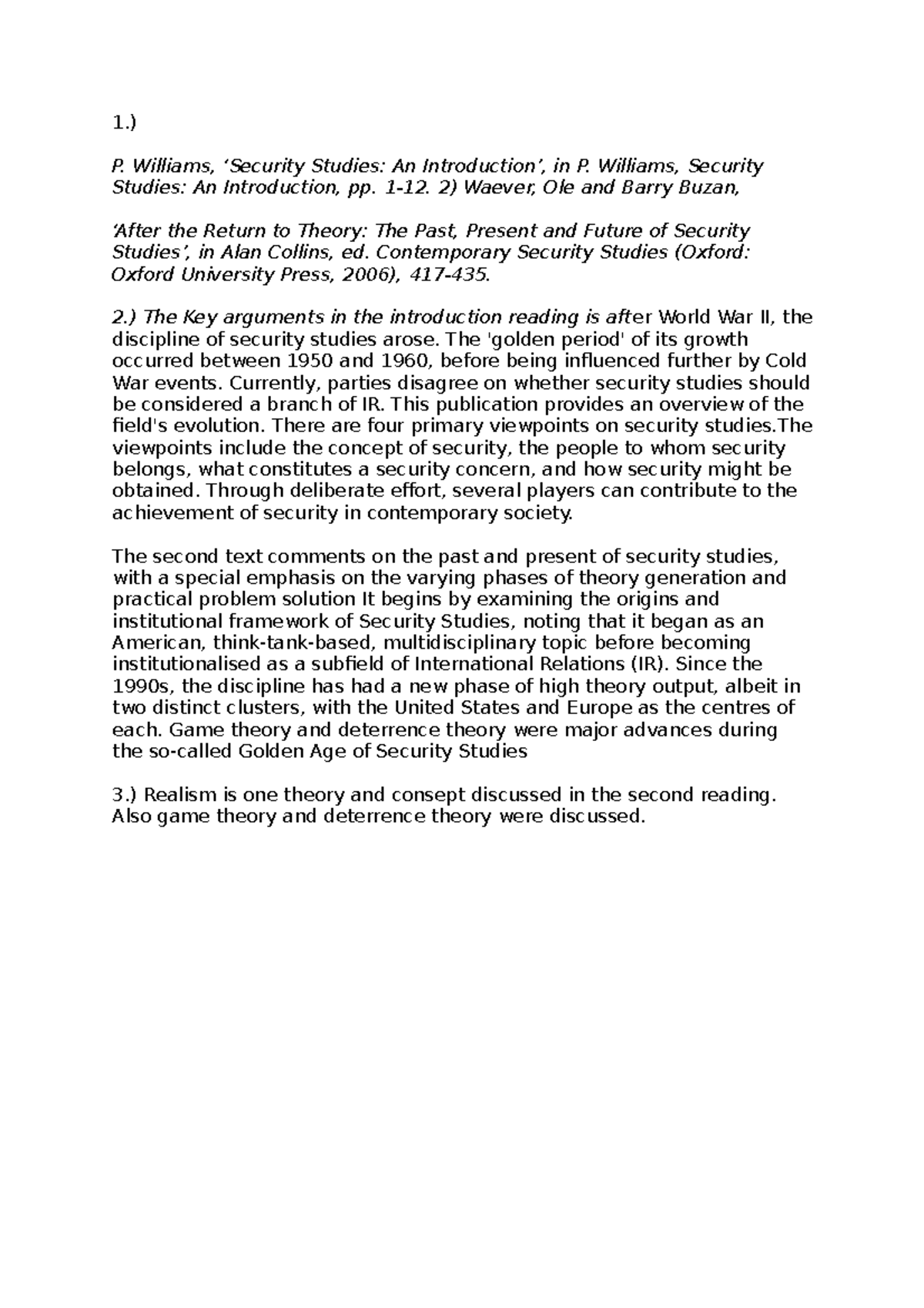 Notes 6 - ...... - 1.) P. Williams, ‘Security Studies: An Introduction ...