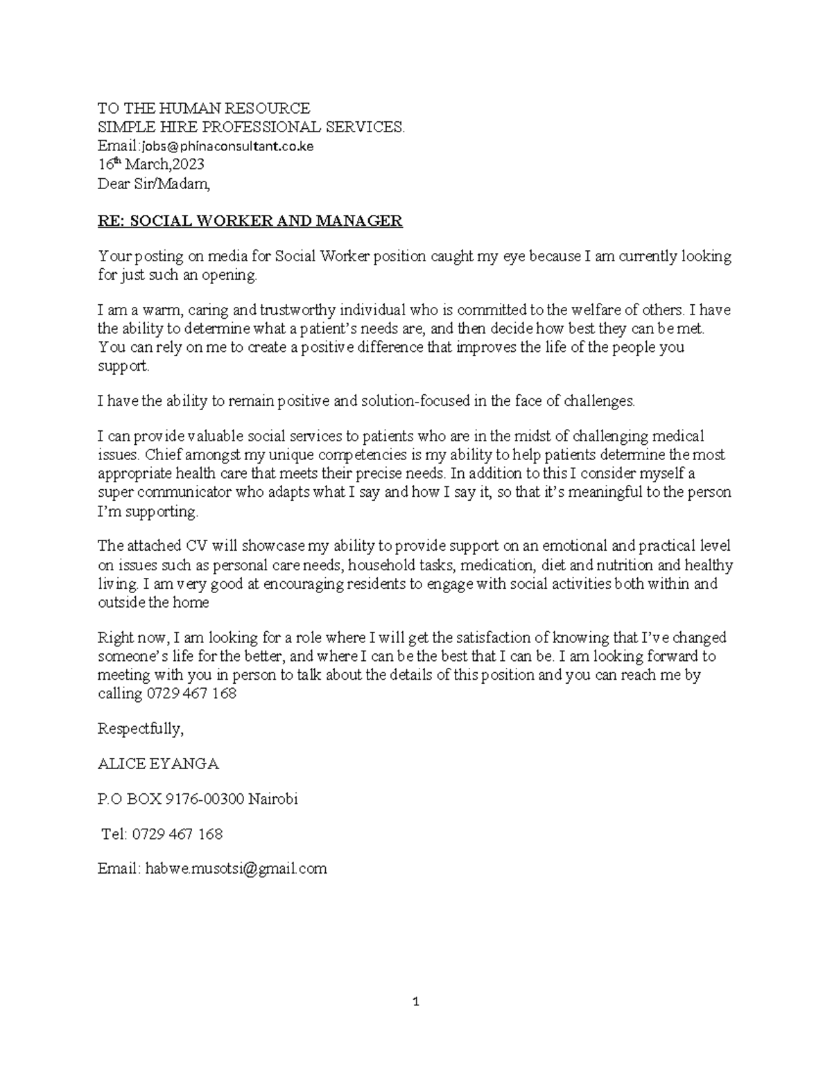 CV - Alice - NONE - TO THE HUMAN RESOURCE SIMPLE HIRE PROFESSIONAL ...