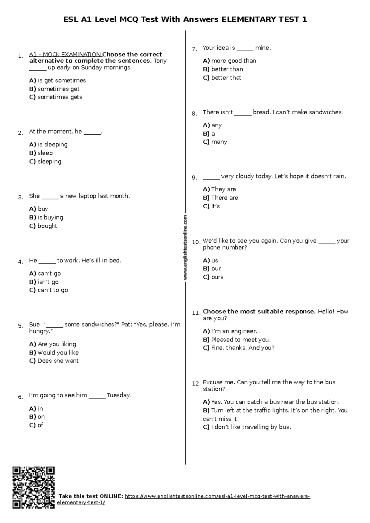 674 esl-a1-level-mcq-test-with-answers-elementary-test-1 ...