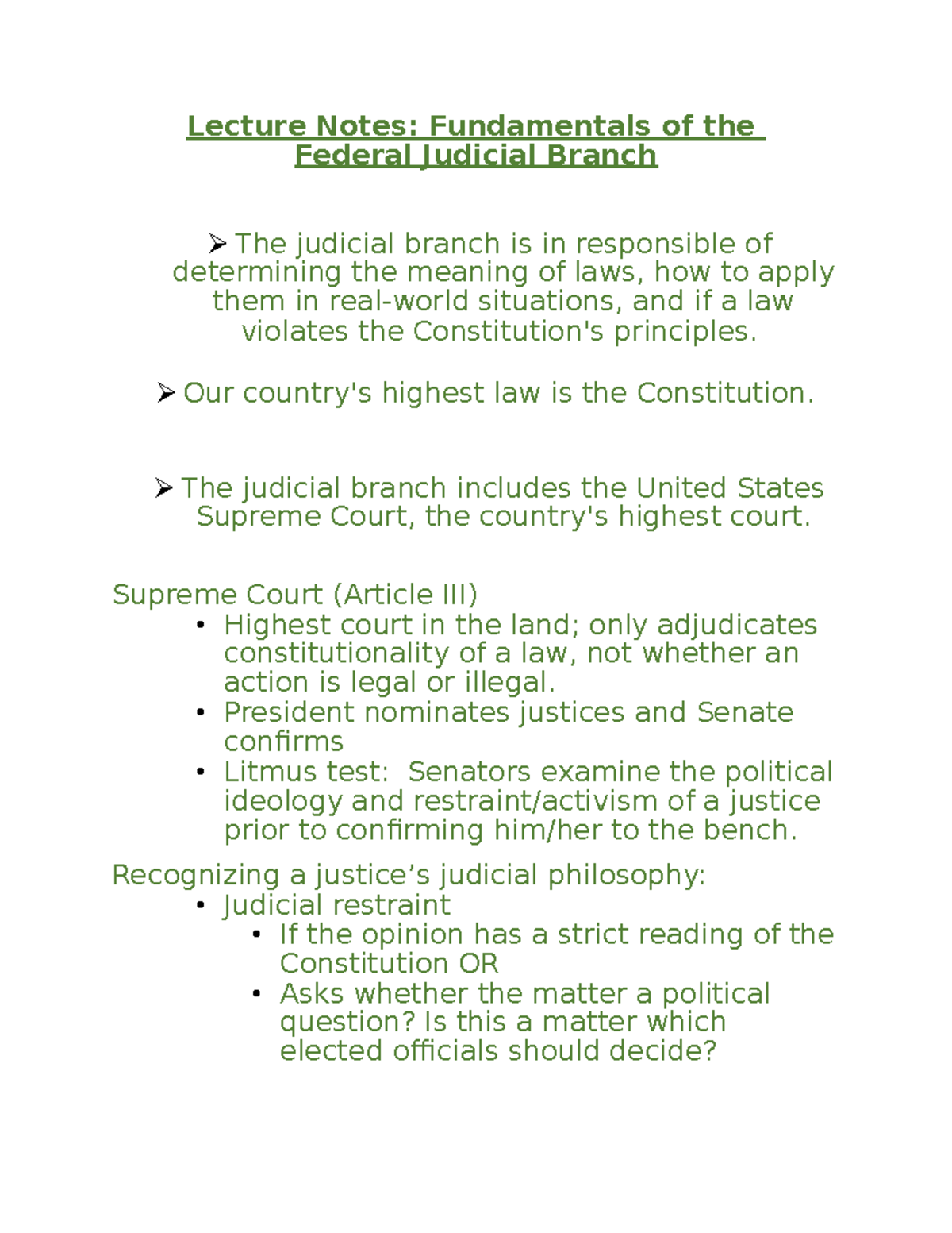Fundamentals of the Federal Judicial Branch - Lecture Notes ...