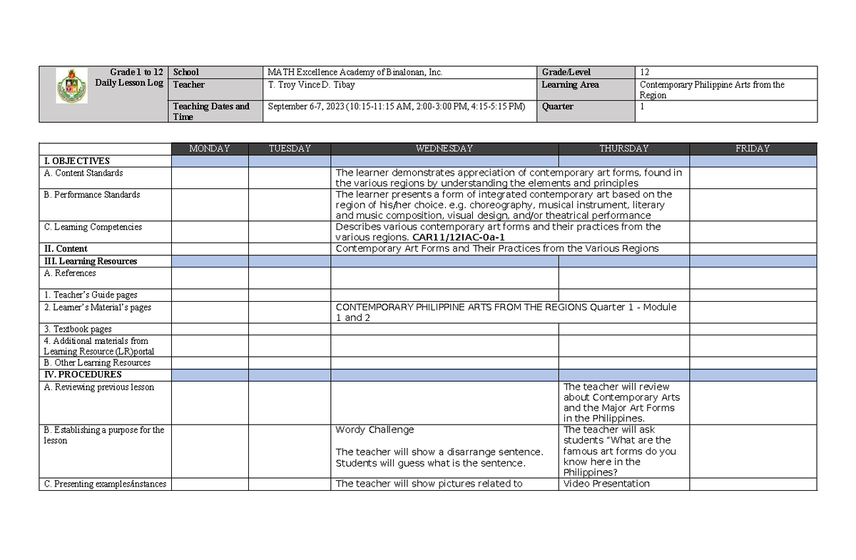 Q1 W1 Contemporary Philippine Arts from the Region - Grade 1 to 12 ...