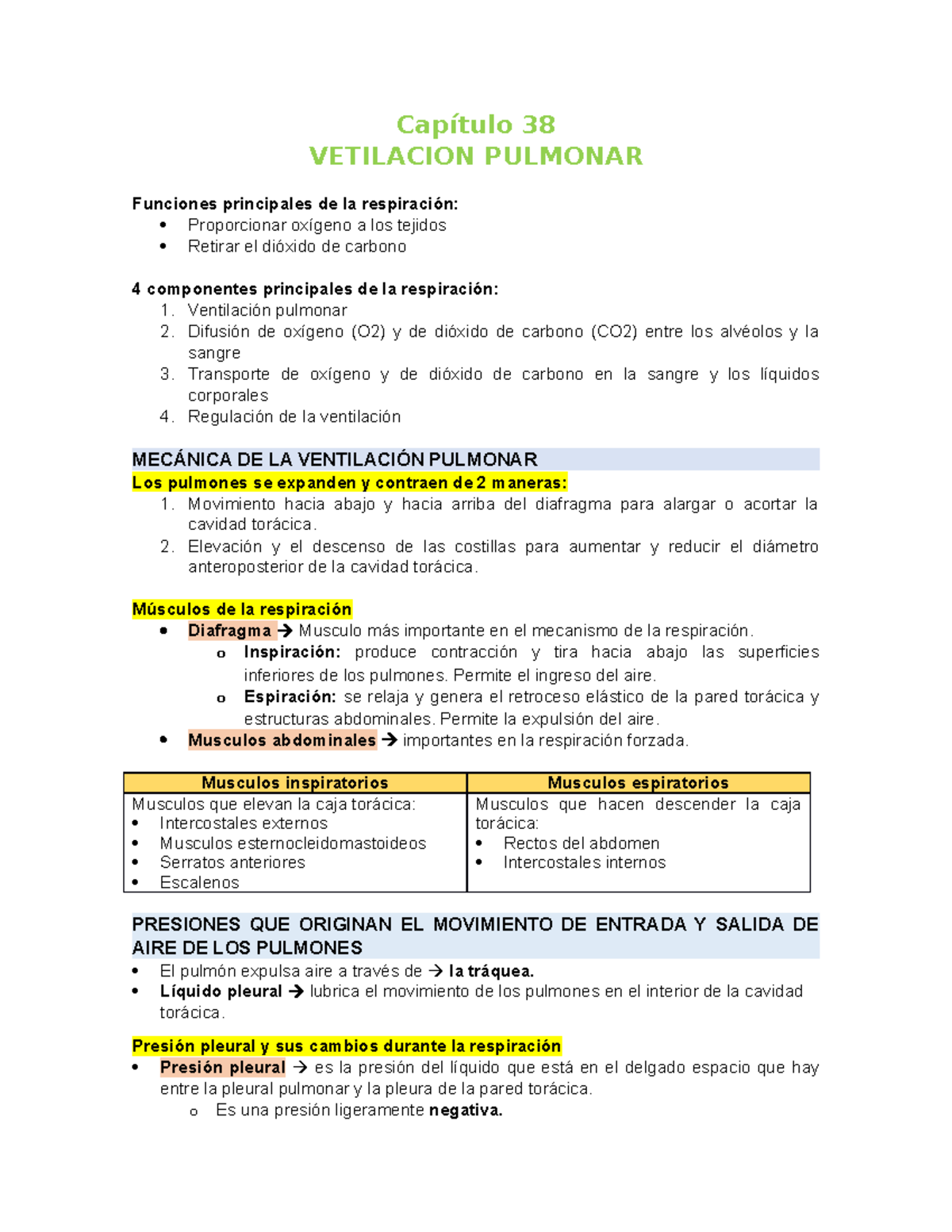 Cap Ã tulo 38 - Resumen Guyton y Hall. Tratado de fisiología médica - Capítulo 38 VETILACION ...