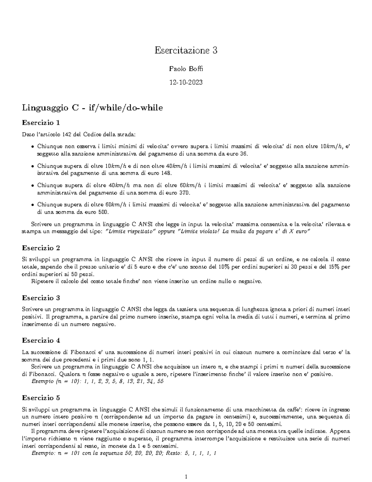 Esercizi linguaggio C 12-10-23 - Esercitazione 3 Paolo Boffi 12-10 ...