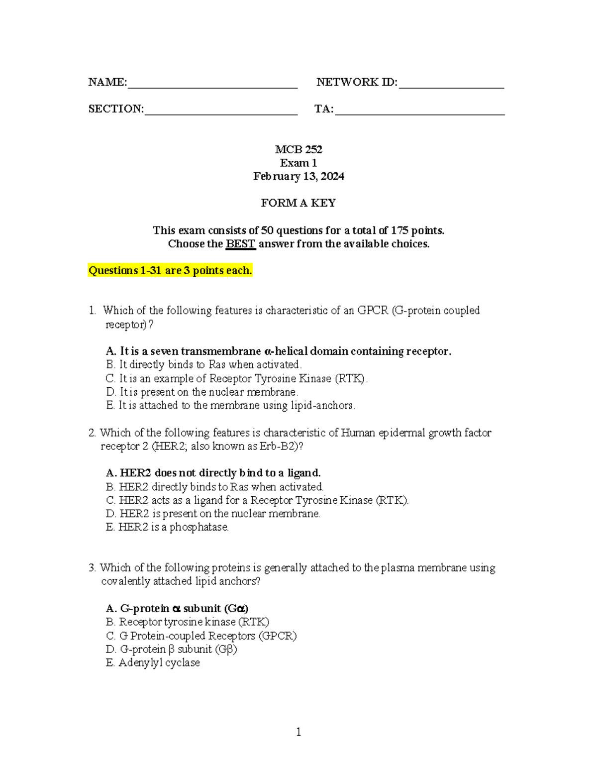 EXAM 1 FORM A KEY - exam key - NAME:_____________________________ NETWORK ID ...