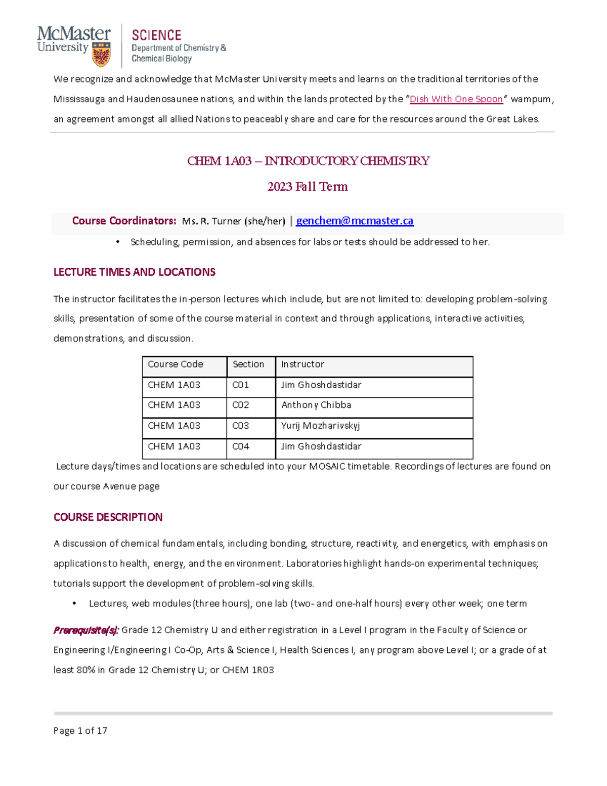 Chem 1A03 Fall 2023 Course Info Sheets - We recognize and acknowledge ...