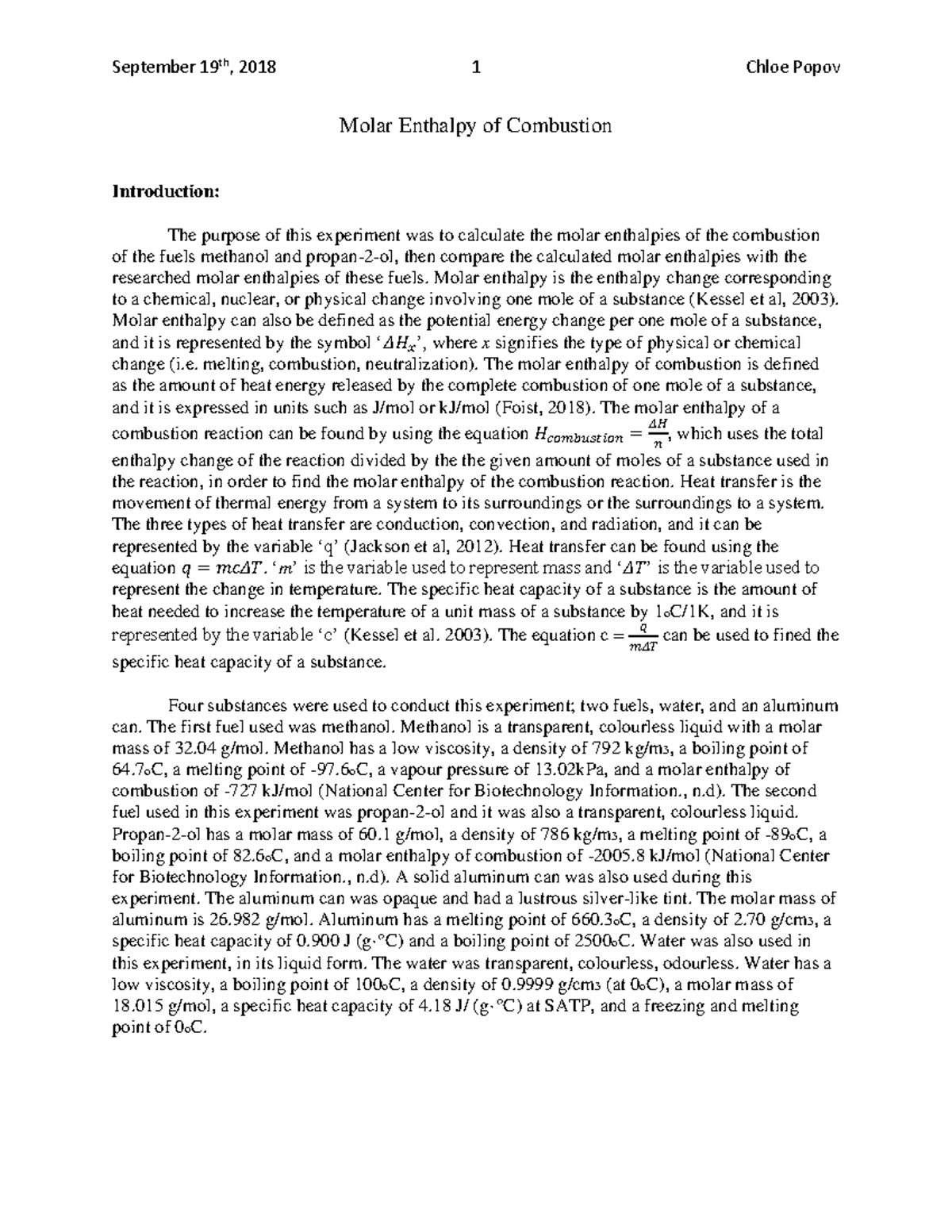 Molar Enthalpy of Combustion Lab Report - Warning: TT: undefined ...