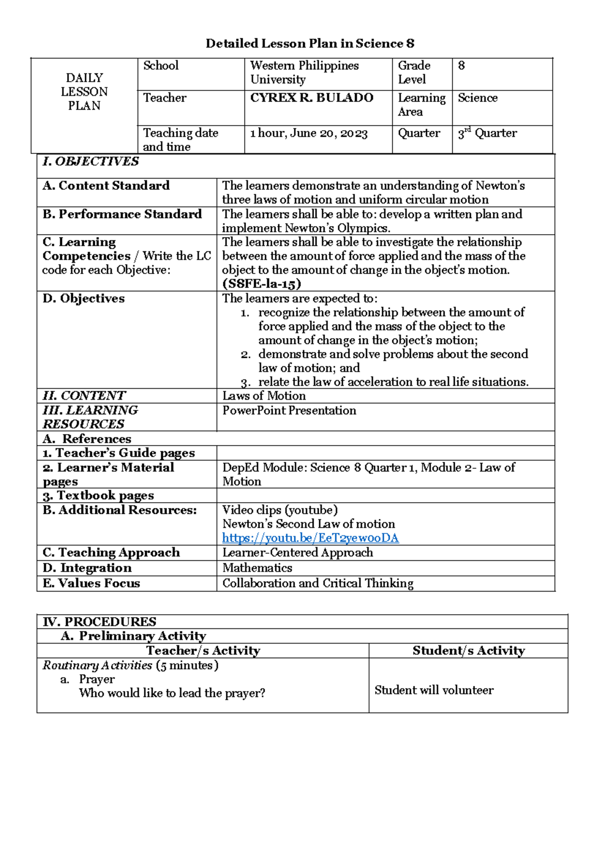 The Newton’s Second Law of Motion - Detailed Lesson Plan in Science 8 I ...