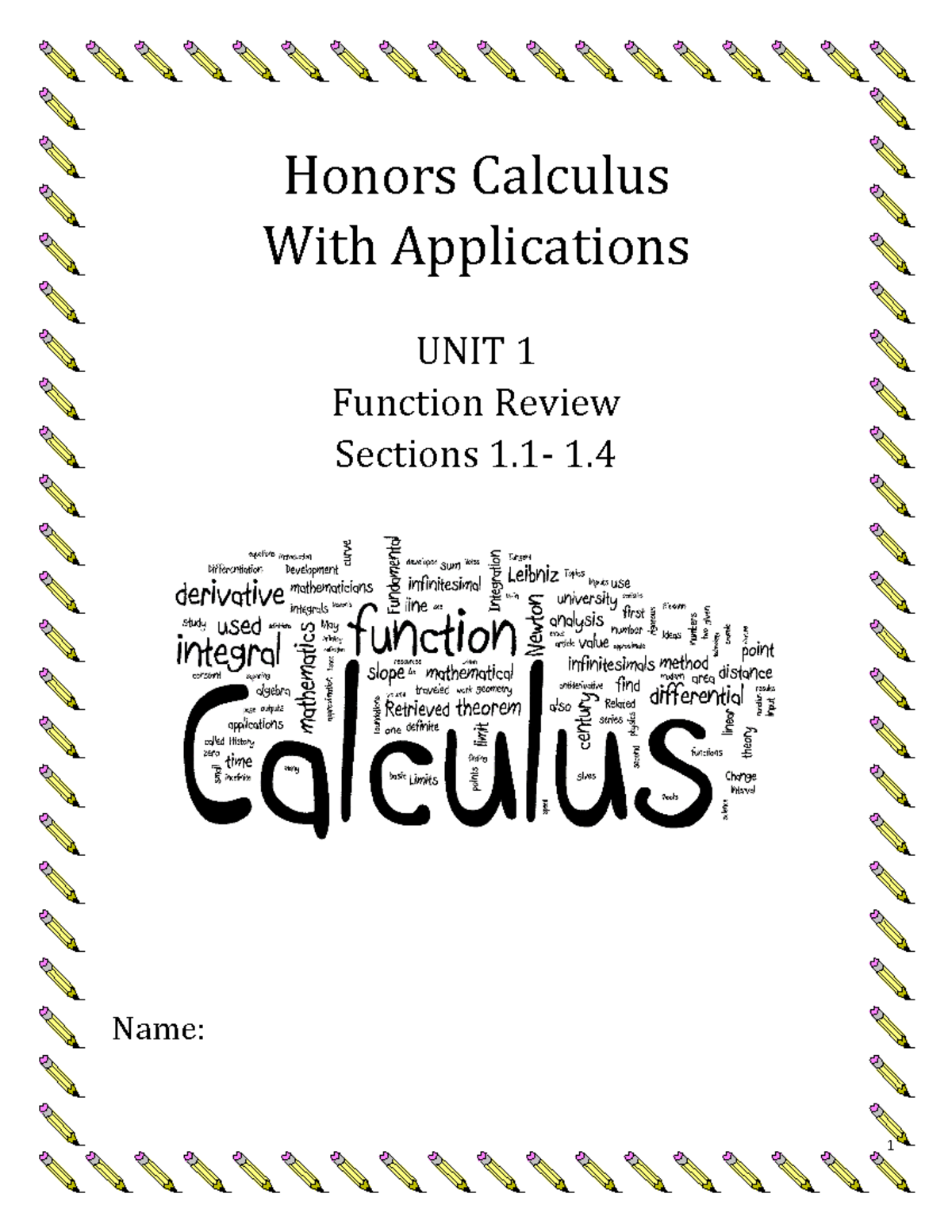 Unit 1 Packet 2024 - Honors Calculus With Applications UNIT 1 Function ...