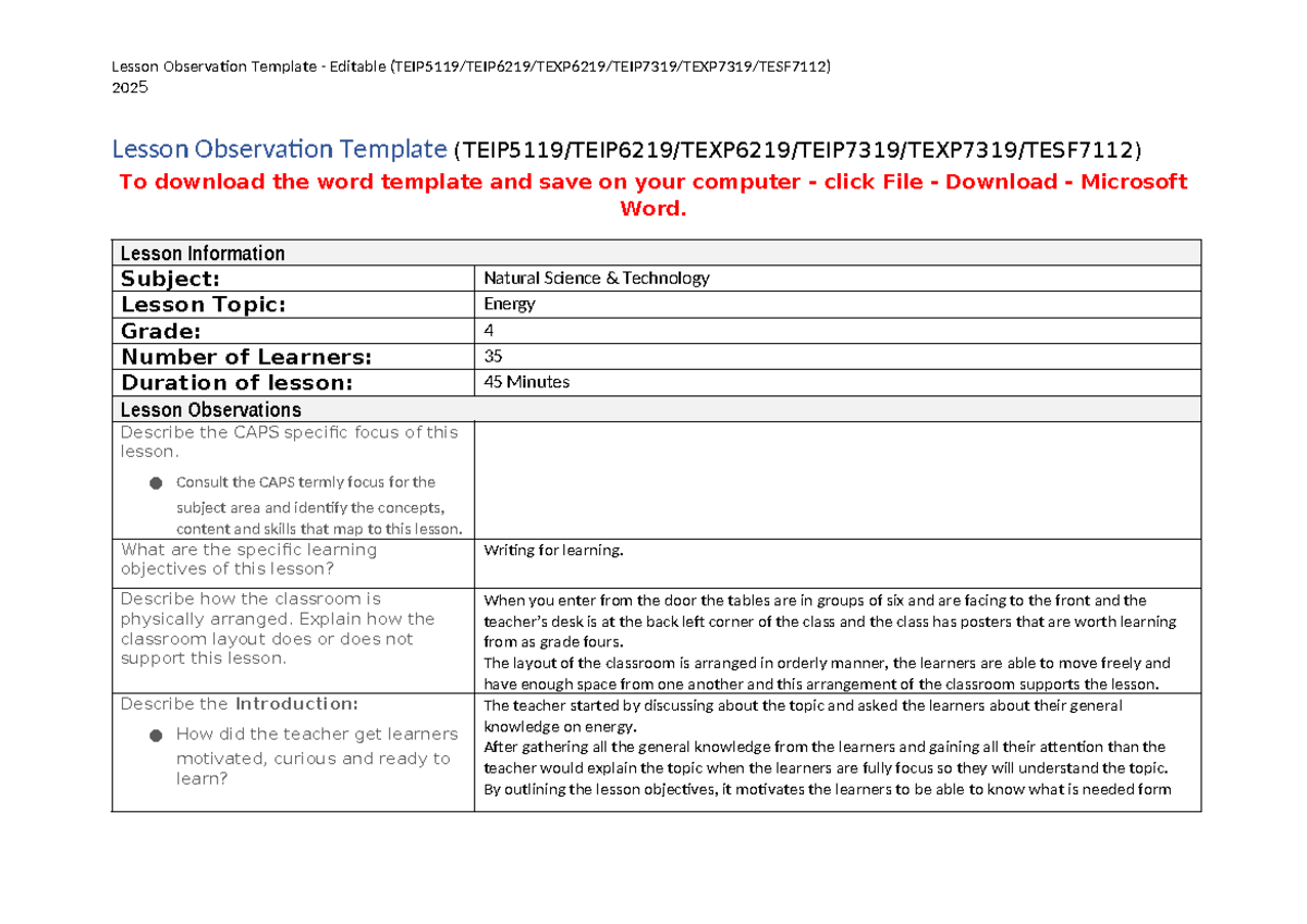 ST10213383 - it helps - 2025 Lesson Observation Template - Studocu