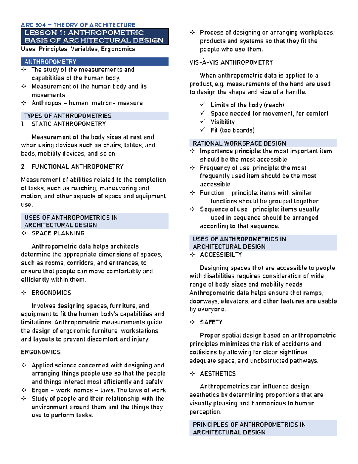 TOA Reviewer - LESSON 1: ANTHROPOMETRIC BASIS OF ARCHITECTURAL DESIGN Uses, Principles ...