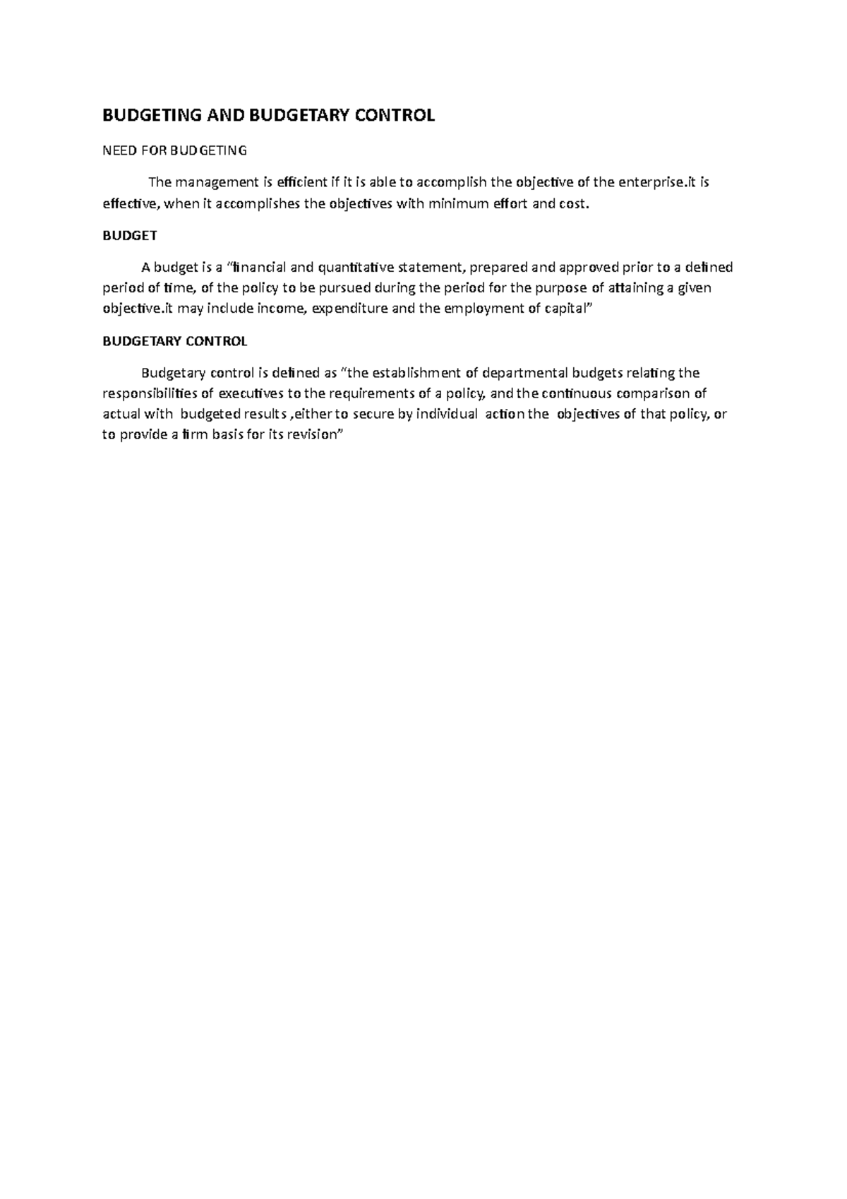 Budgeting AND Budgetary Control - BUDGETING AND BUDGETARY CONTROL NEED ...