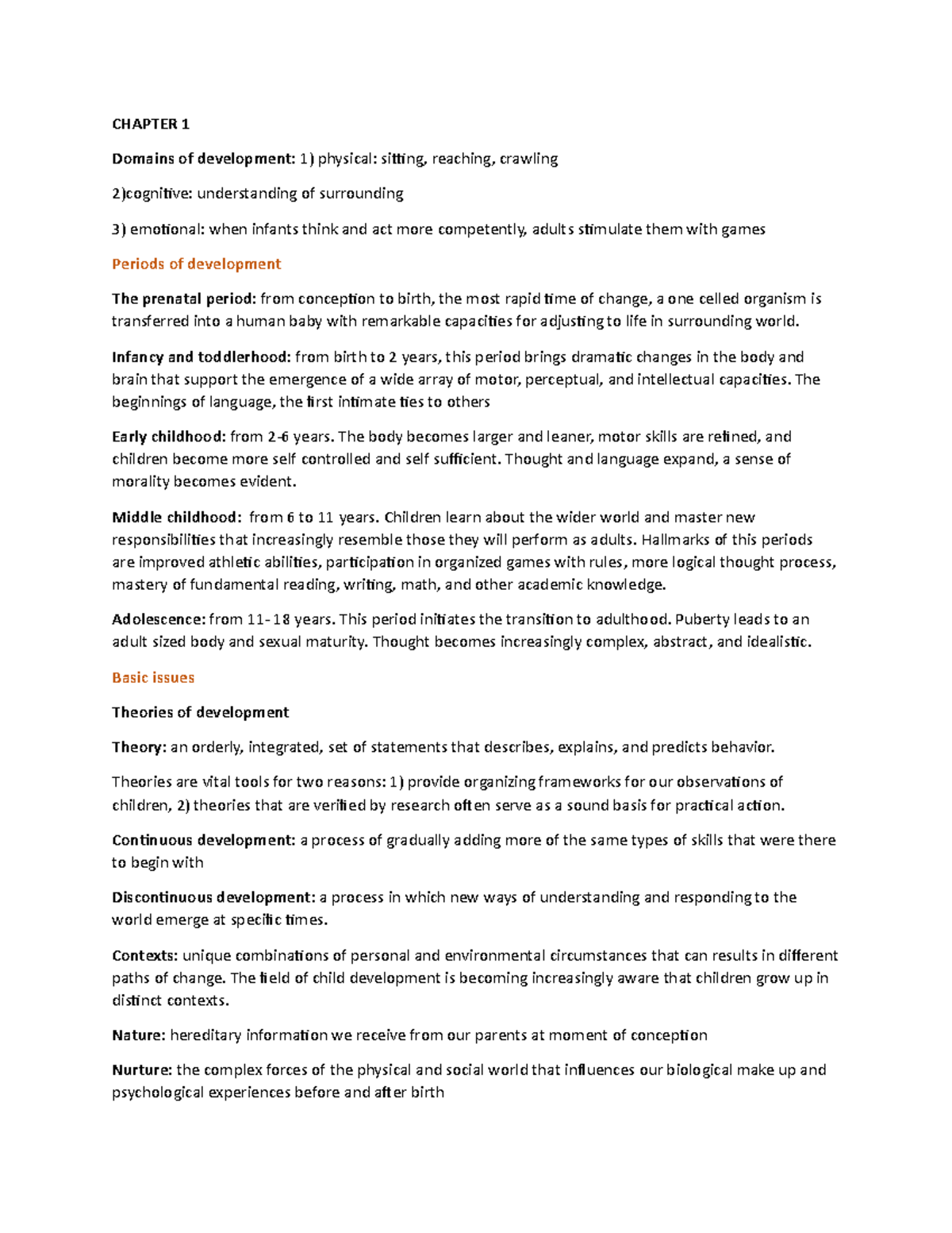 Child DEV Final Notes - CHAPTER 1 Domains of development: 1) physical ...