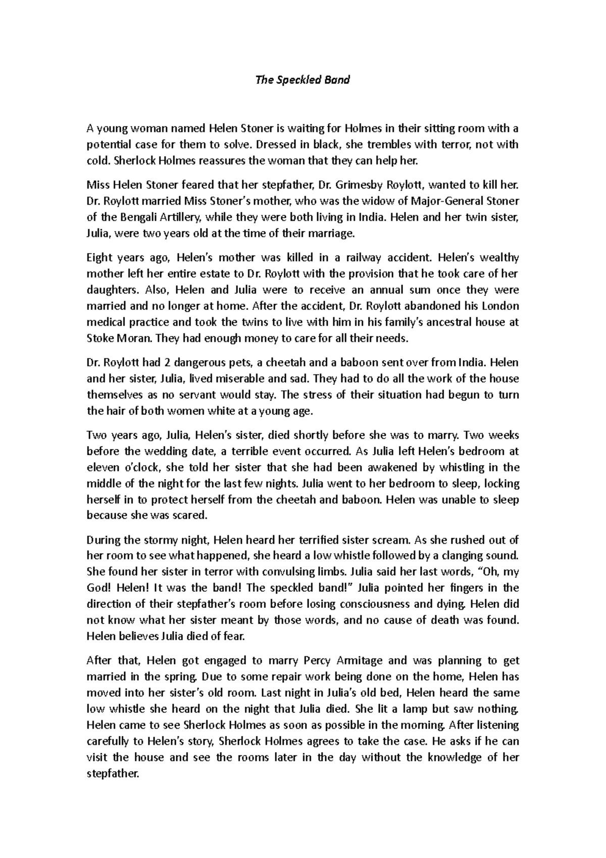 The Speckled Band by Arthur Conan Doyle - The Speckled Band A young ...