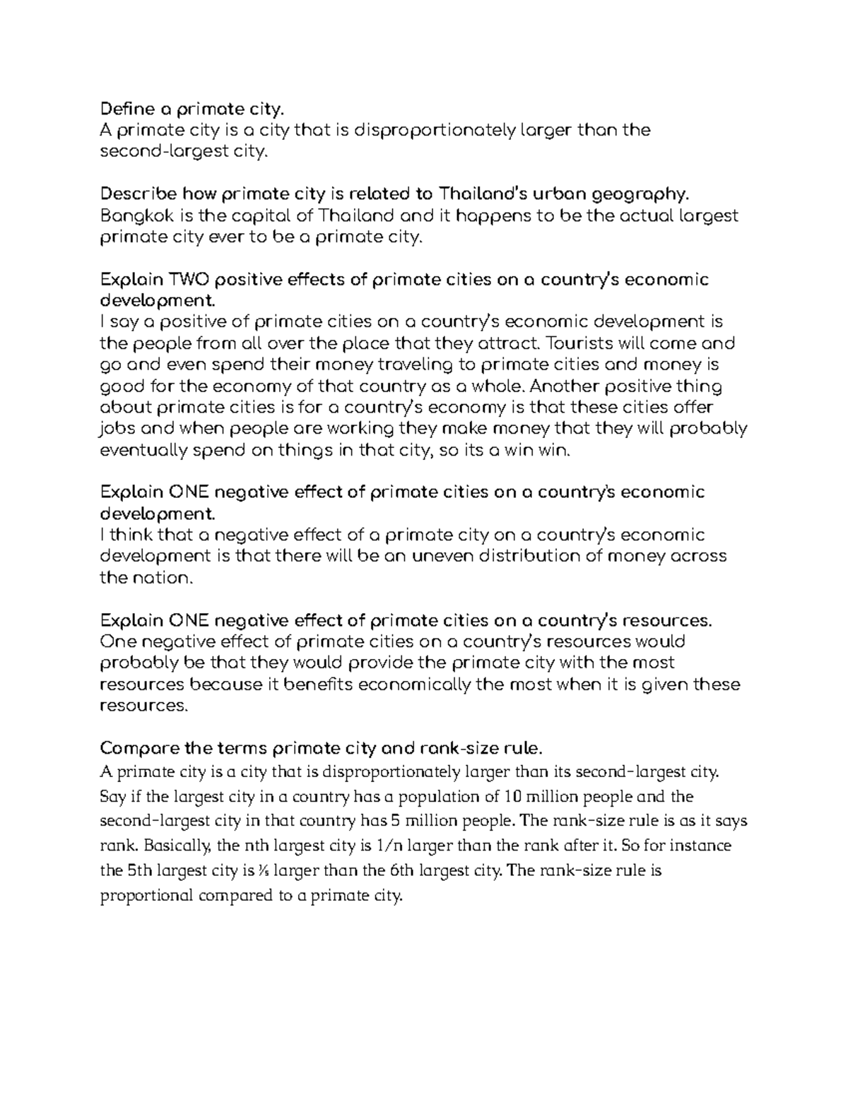 6.02 Response Questions AP Human Geography :) - Define a primate city ...