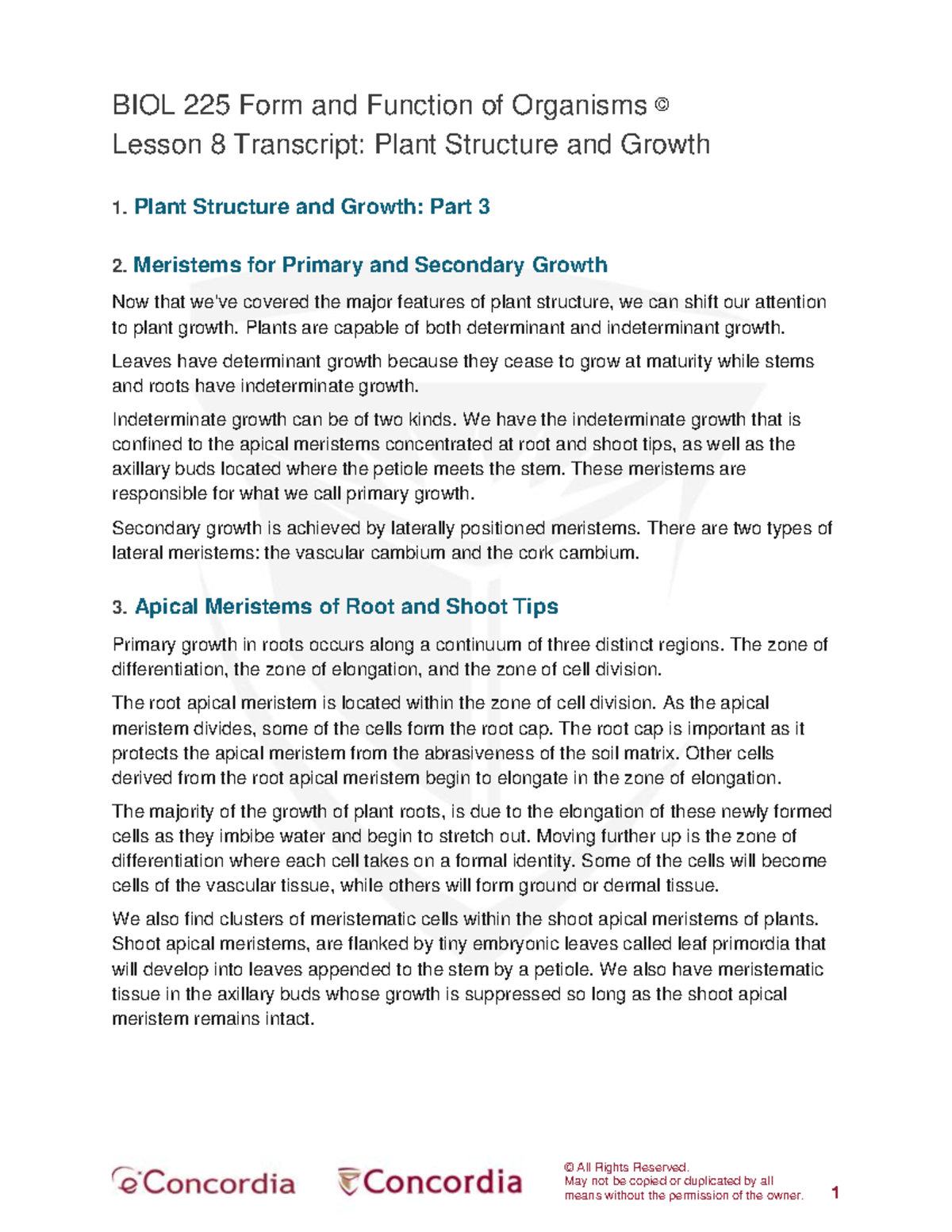 BIOL225 Plant Structure and Growth Part 3 Transcript - 1 © All Rights ...