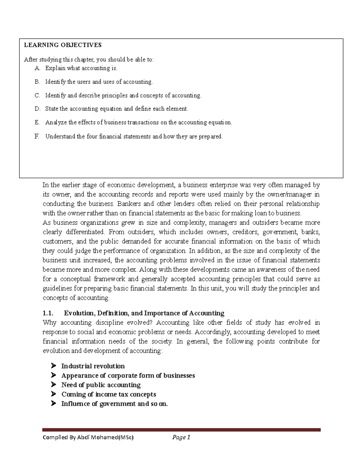 Chapter one - good - CHAPTER ONE: INTRODUCTION TO ACCOUNTING AND ...