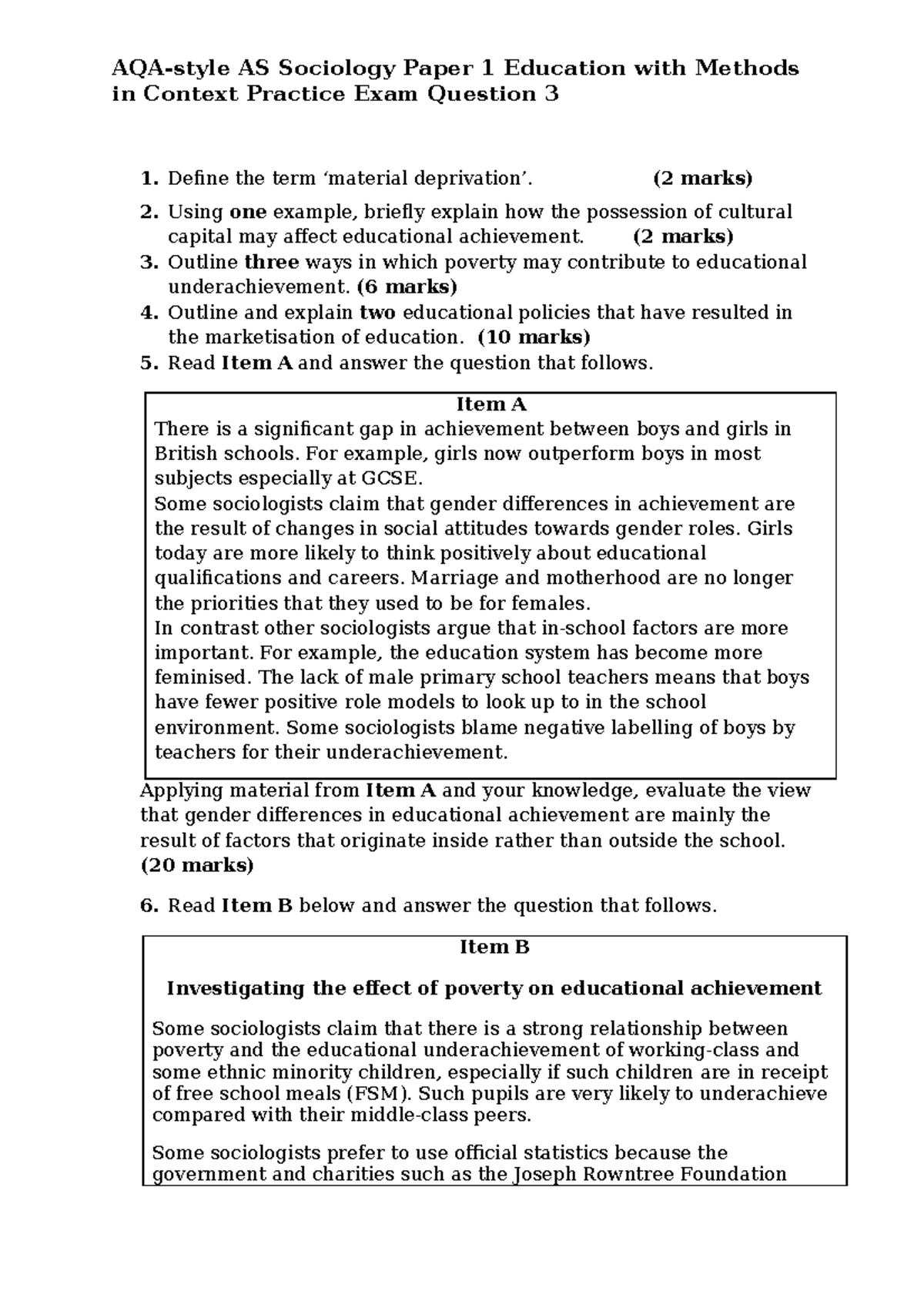 AS Question 3 Not Sure AQA style AS Sociology Paper 1 Education as-question-3-not-sure-aqa-style-as-sociology-paper-1-education