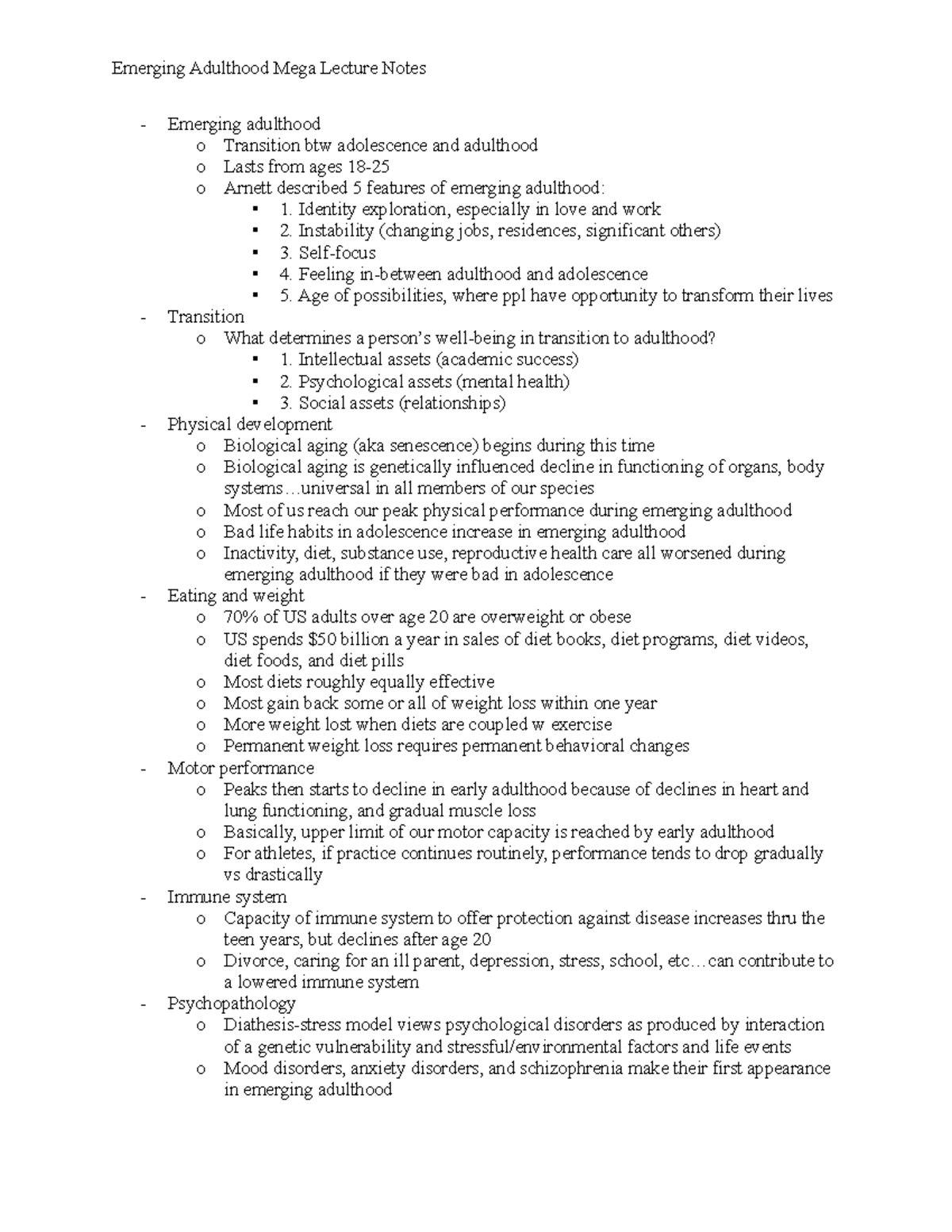 Emerging Adulthood Mega Lecture Notes - Emerging adulthood o Transition ...