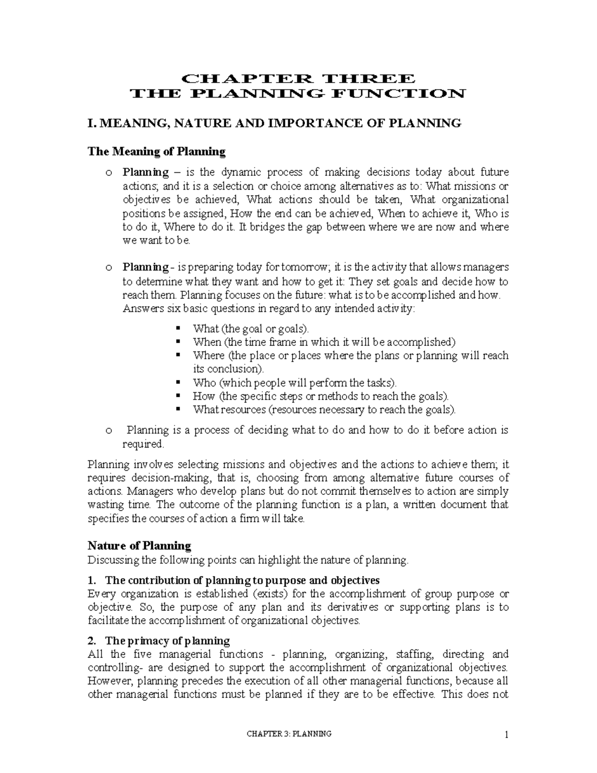 Chapter 3 - Planning function in management. - CHAPTER THREE THE ...