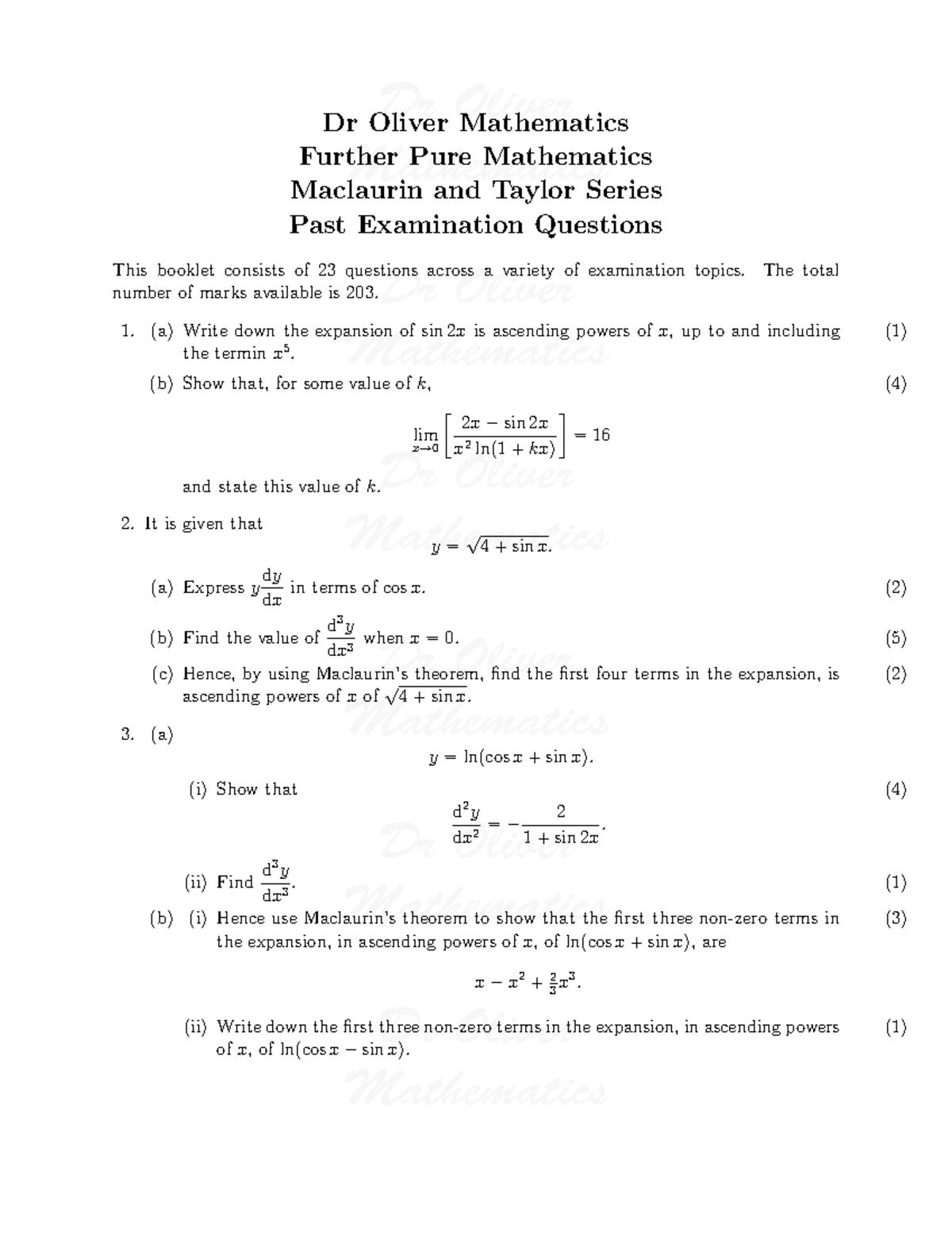 Maclaurin Questions - maths - Mathematics Dr Oliver Mathematics Dr ...