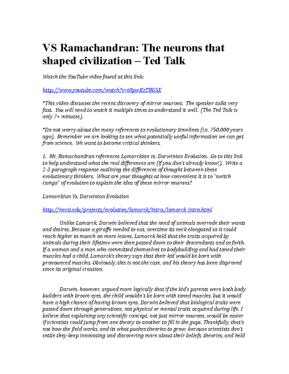 Mirror Neuron-Assignment 2018 - VS Ramachandran: The neurons that ...