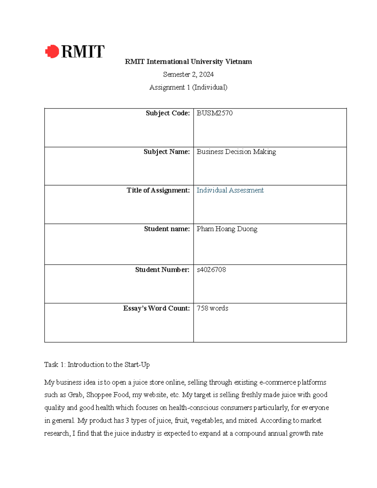 Assignment 1 BUSM2570 SGS - RMIT International University Vietnam ...