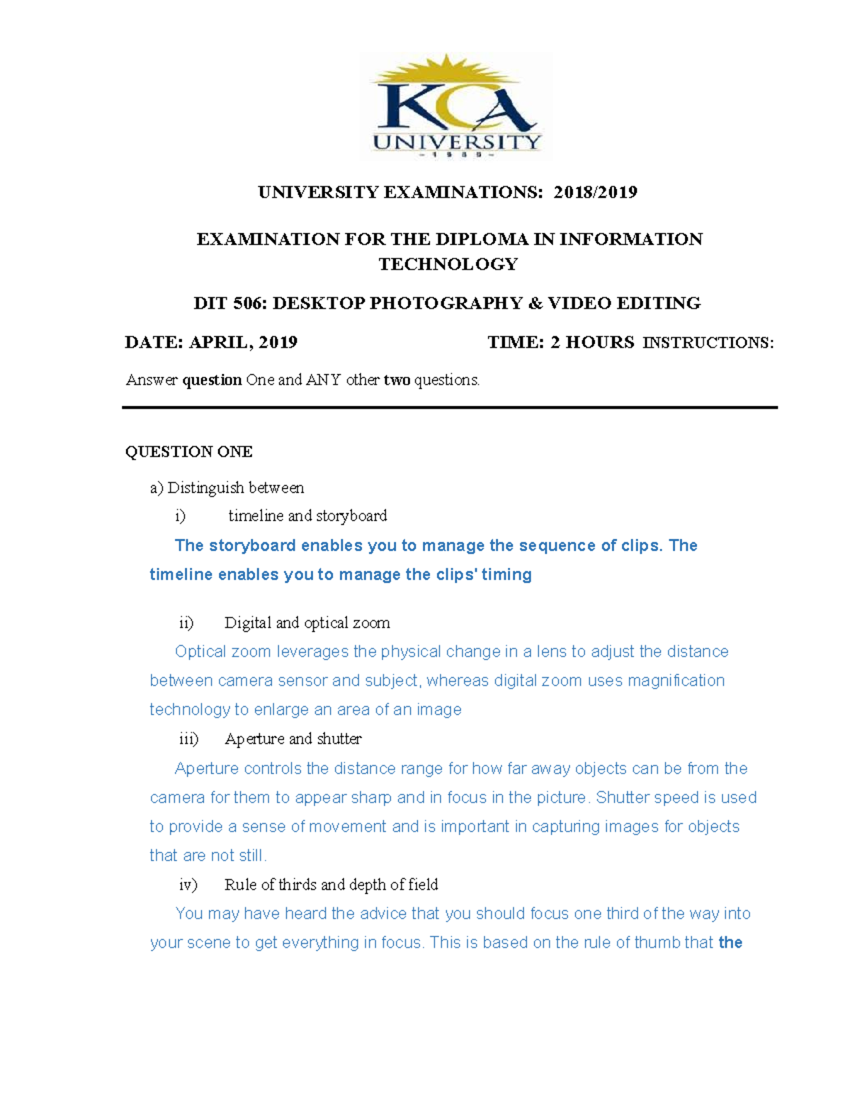 DIT506 Desktop Photography Video Editing - UNIVERSITY EXAMINATIONS ...