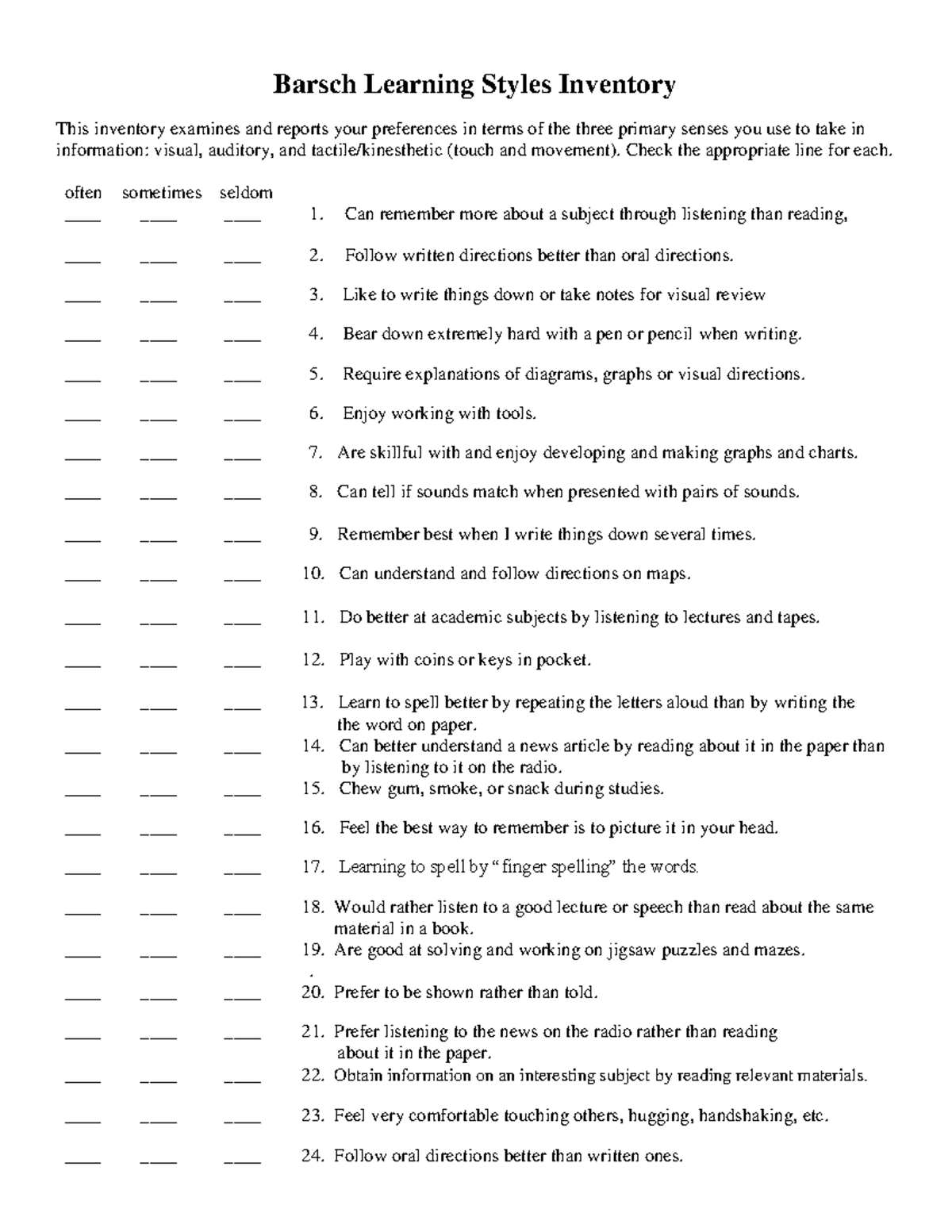 Barsh-Learning-Styles - Barsch Learning Styles Inventory This inventory examines and reports ...