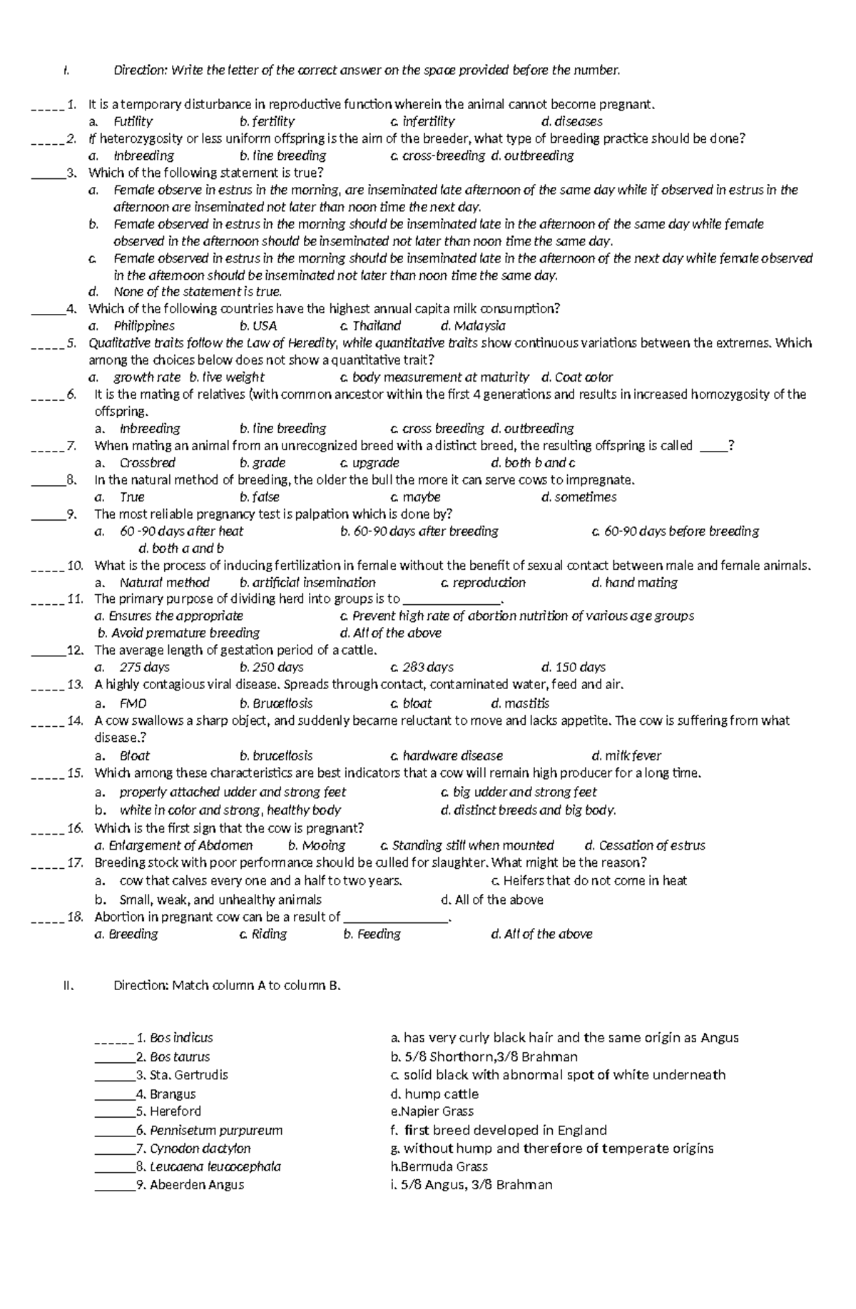 LONG QUIZ - animal science 1 long quiz - I. Direction: Write the letter ...
