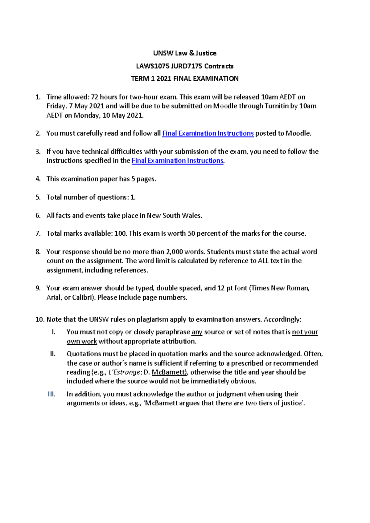 Contracts LAWS1075 Final Exam Paper 2021 T1 - UNSW Law & Justice ...