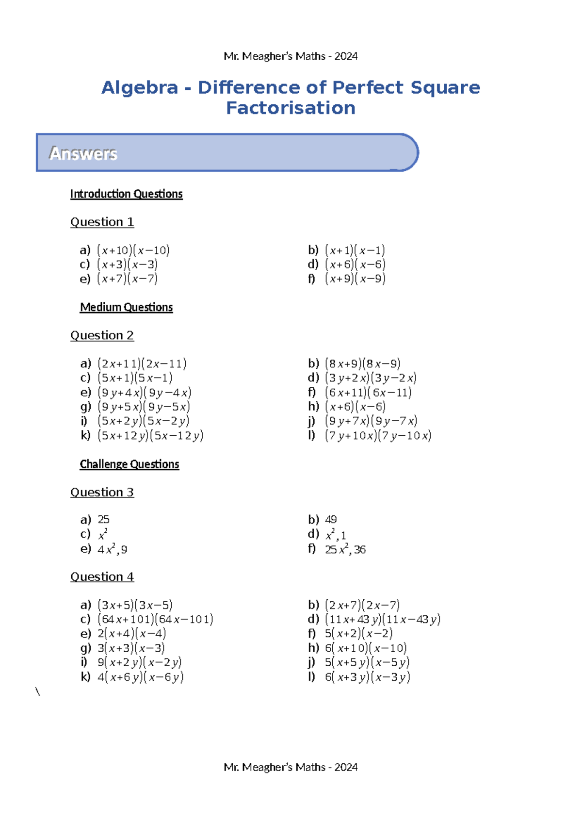 Difference of Perfect Square Factorisation (Answers) - Mr. Meagher’s Maths - 2024 Algebra ...