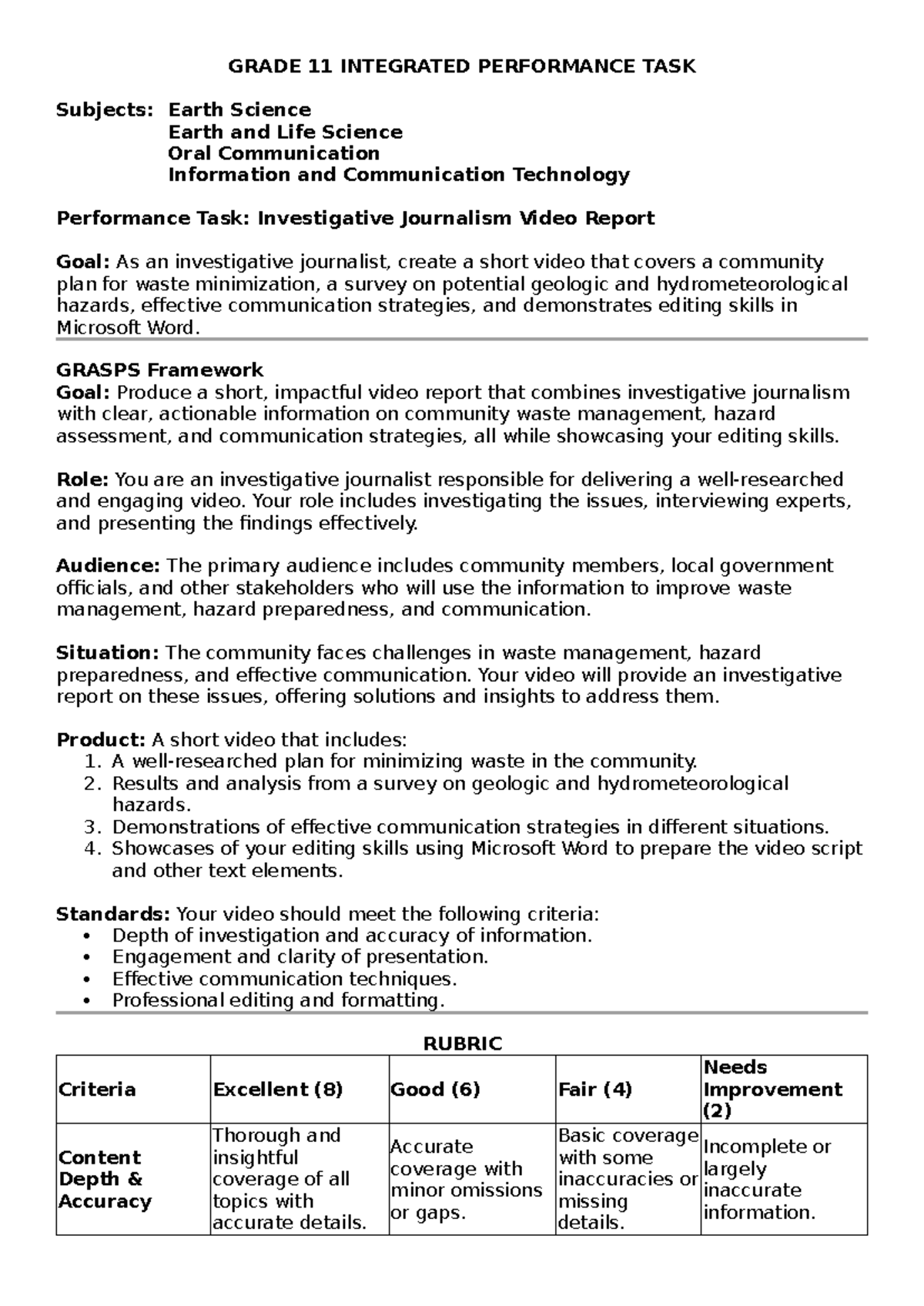 Grade 11 Integrated Performance TASK Earth Science, Earth AND LIFE ...