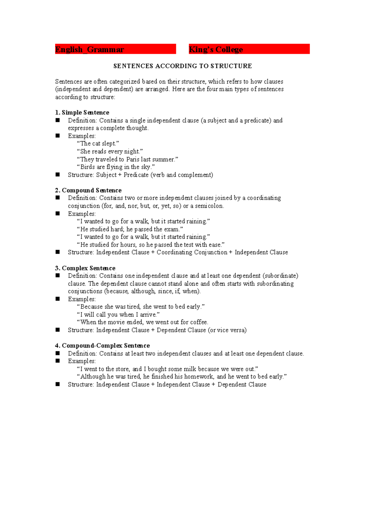 English Grammar Sentence Structures (With Activity) - English_Grammar ...