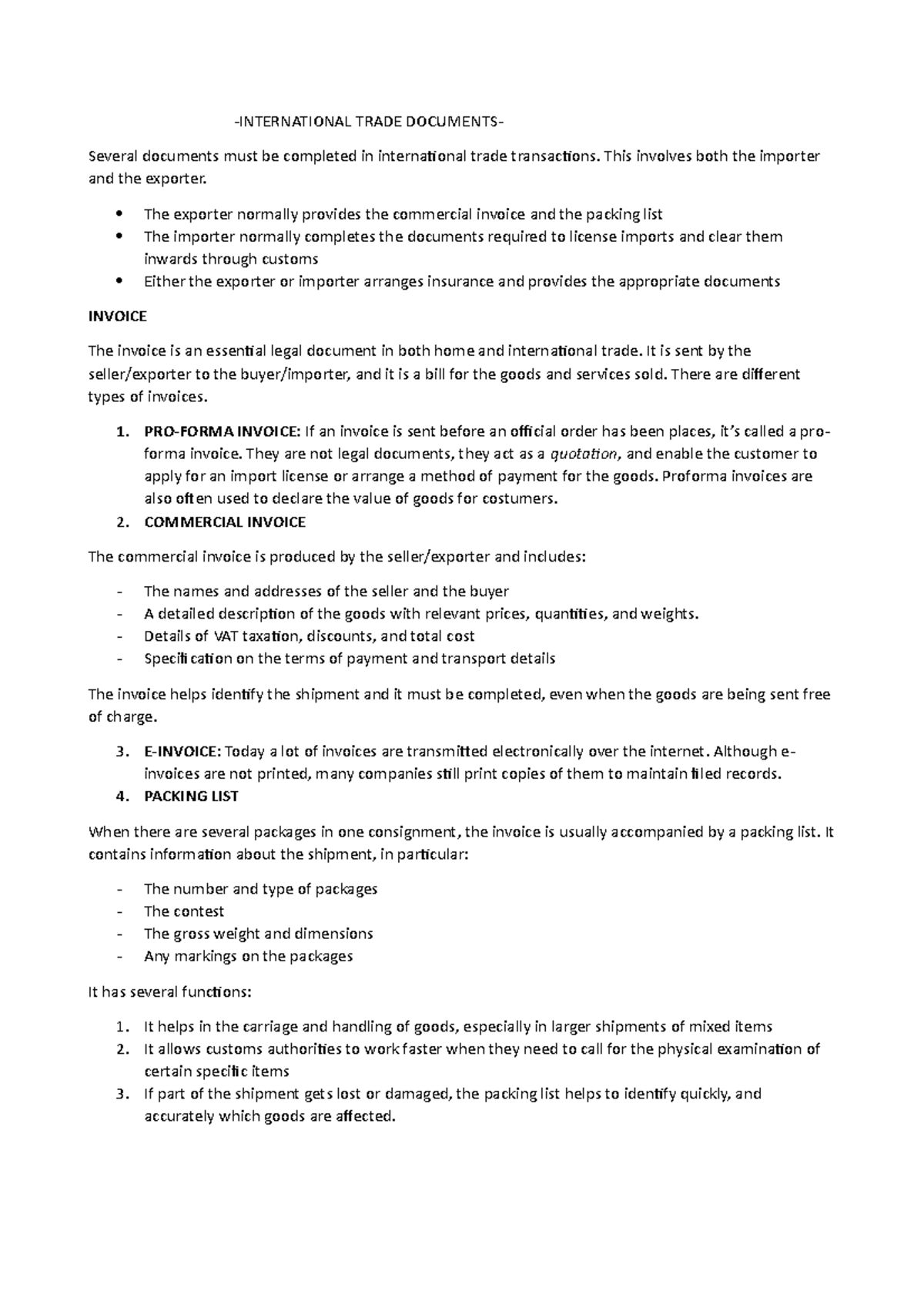 (4) Invoice -INTERNATIONAL TRADE DOCUMENTS- Several documents must be ...