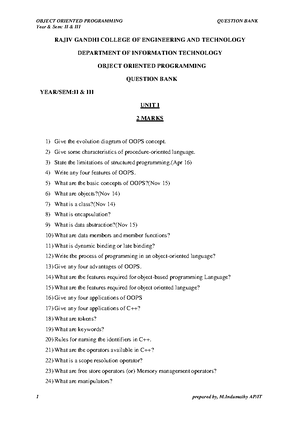 Notes - Notes Subject: Object Oriented Programming through C++ (IT-03 ...