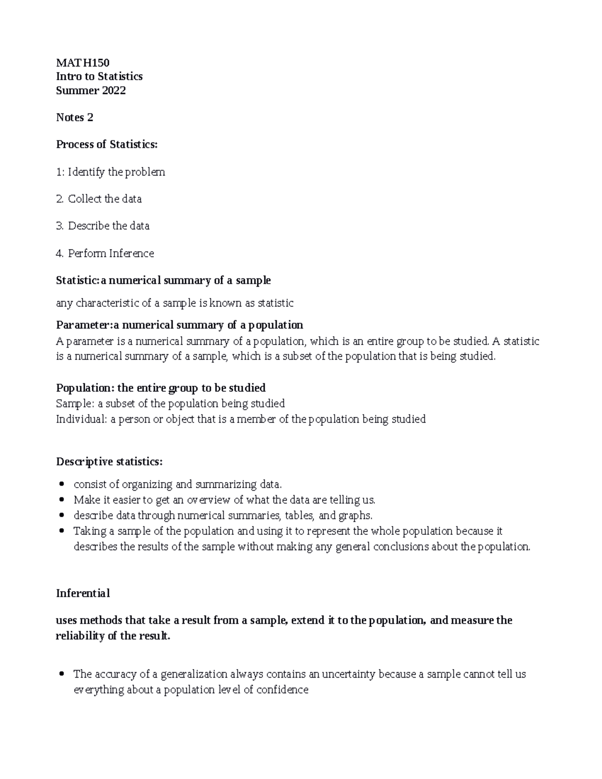 MATH150 Notes 2 - MATH Intro to Statistics Summer 2022 Notes 2 Process ...
